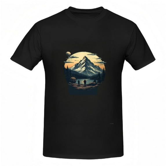 Cotton Short Sleeve T-Shirts with Serene Mountain Landscape Print ...