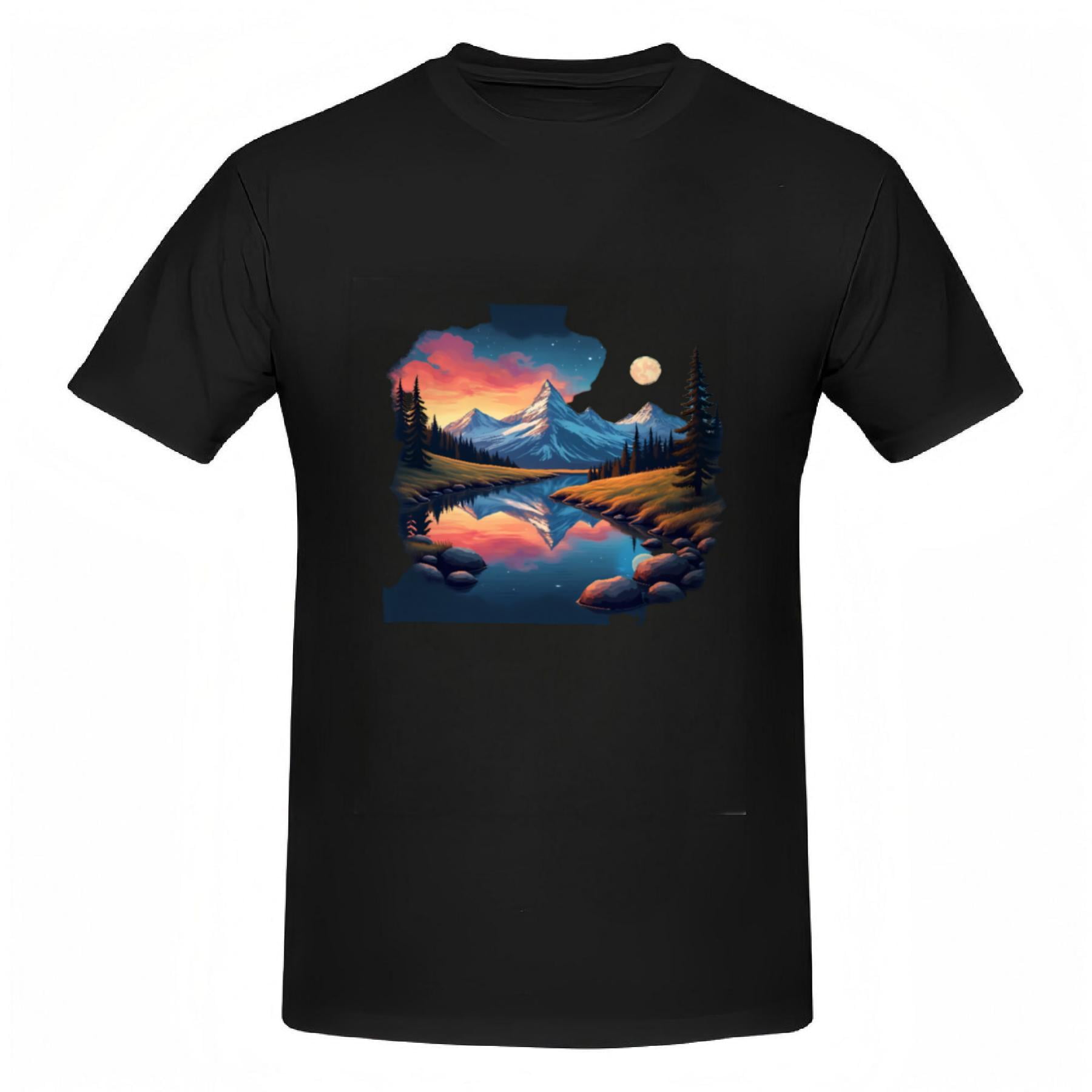 Cotton Short Sleeve T-Shirts with Serene Mountain Landscape Print ...