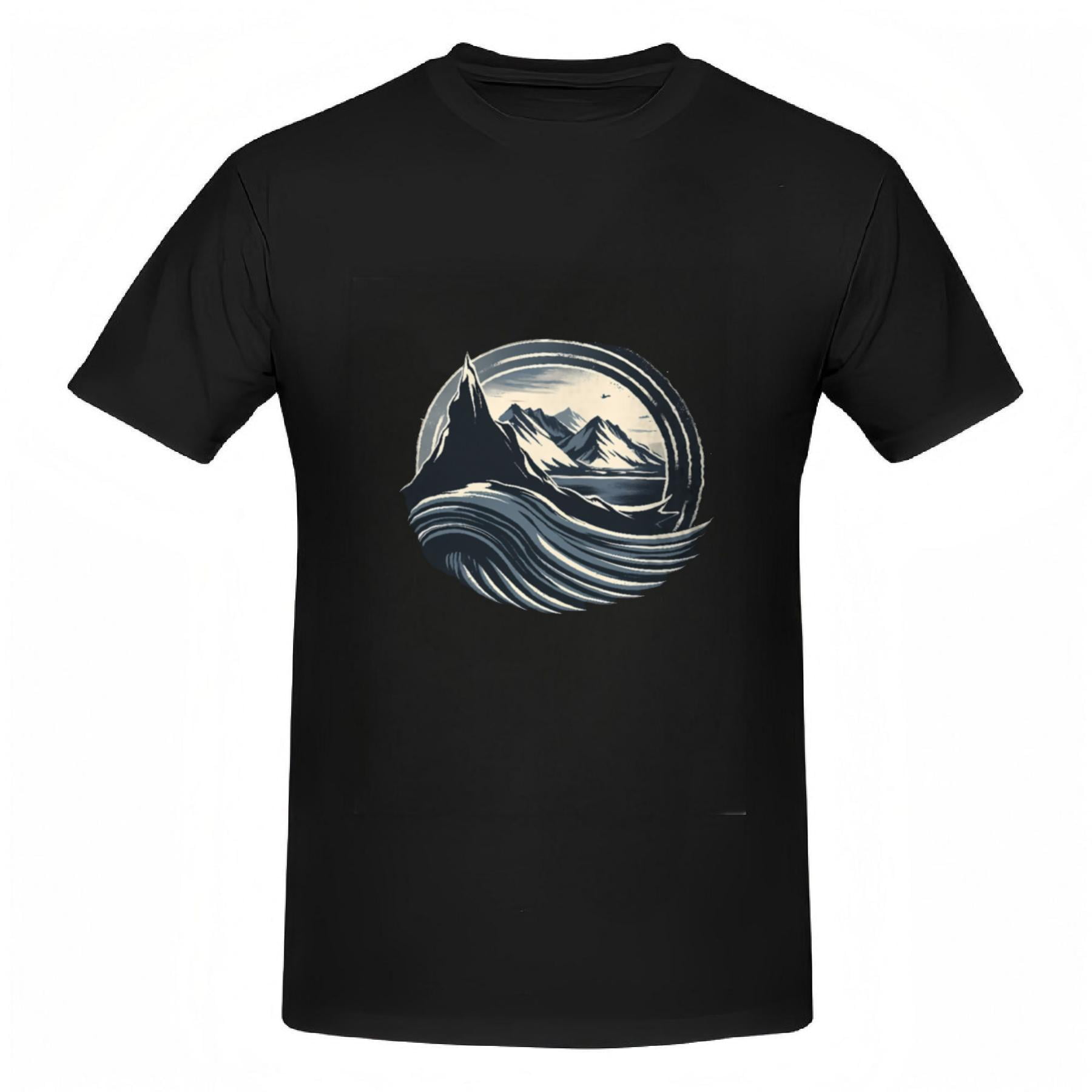 Cotton Short Sleeve T-Shirts with Serene Mountain Range and Water ...