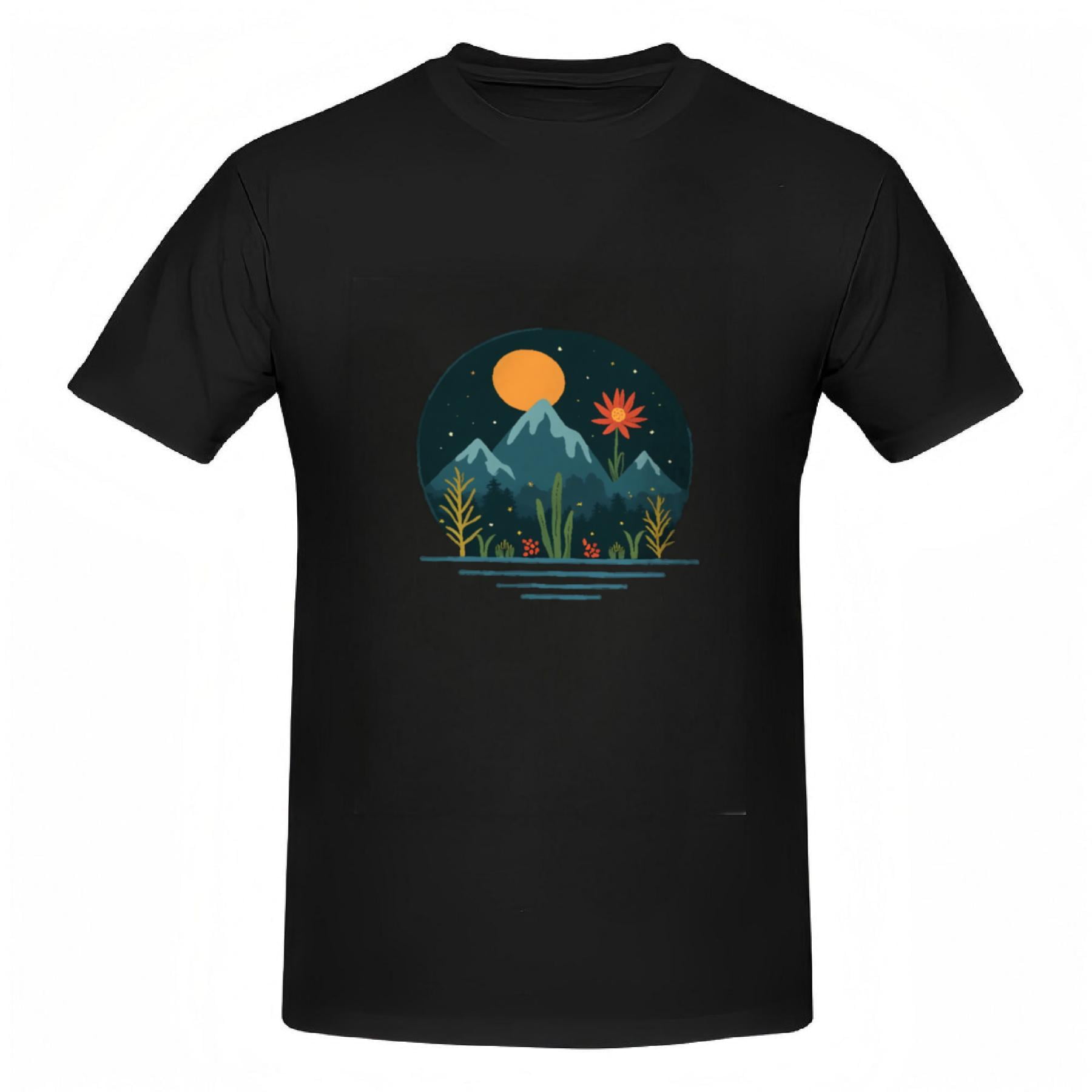 Cotton Short Sleeve T-Shirts with Serene Nighttime Landscape Design ...