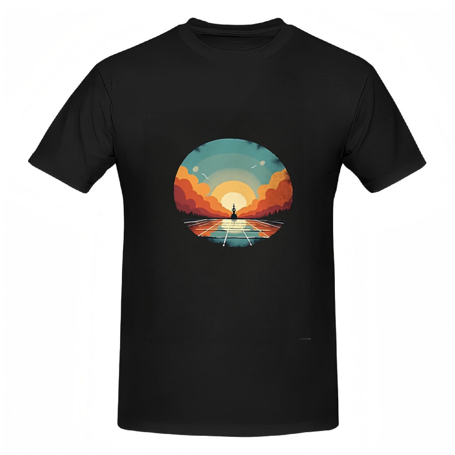 Cotton Short Sleeve T-Shirts with Serene Sunset Design - Vibrant Orange ...