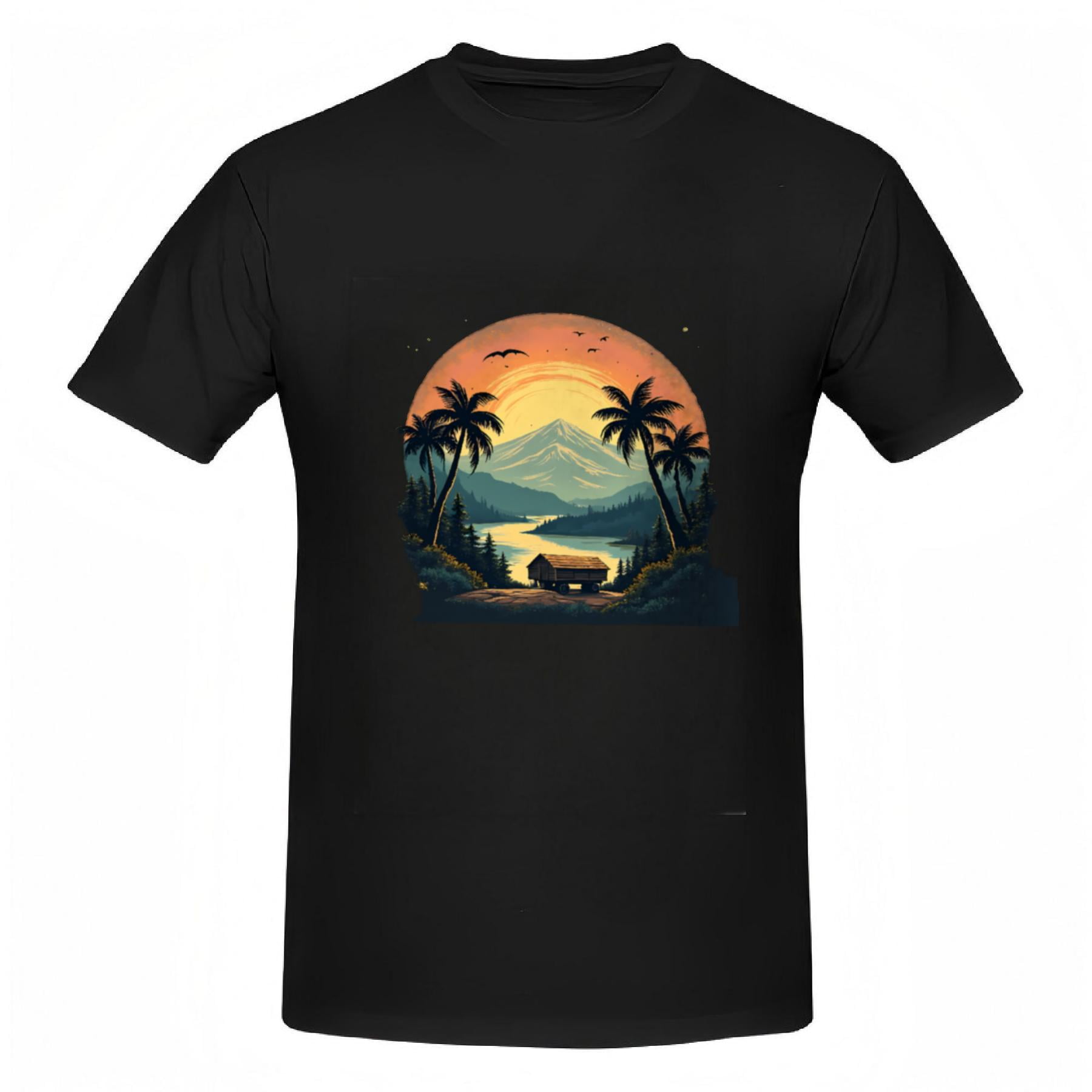 Cotton Short Sleeve T-Shirts with Serene Sunset Mountain Range Design ...