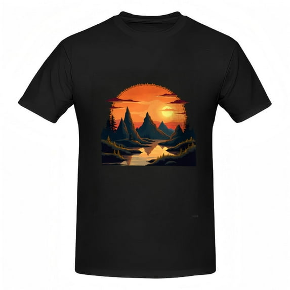 Cotton Short Sleeve T-Shirts with Vibrant Sunset Mountain Range Design ...
