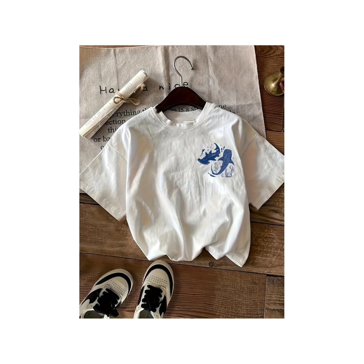 Cotton Short Sleeve Women's Casual Round Neck T-Shirt with Shark Print ...