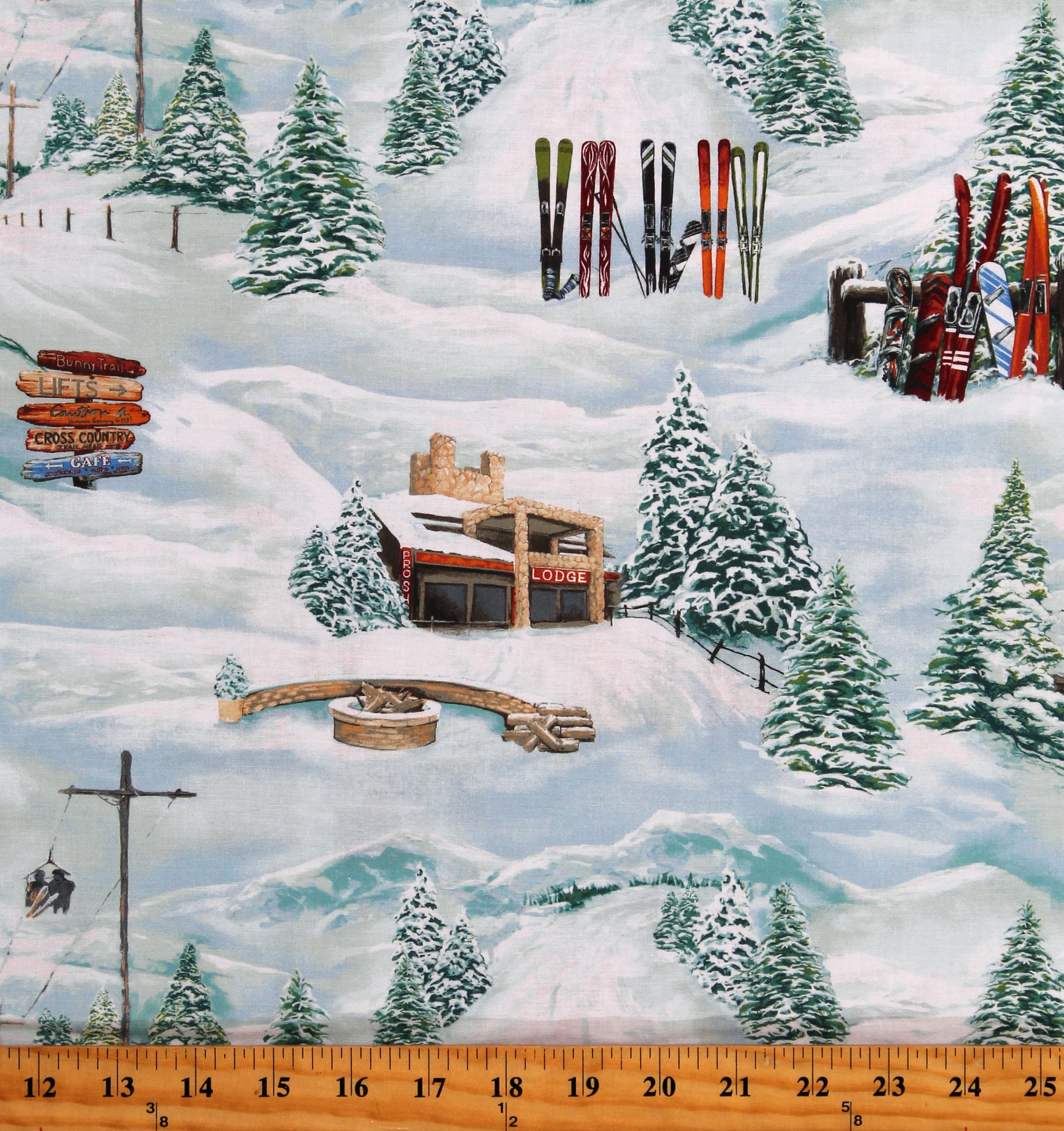 Cotton Slopeside Ski Lodge Resort Winter Snow Fire Pine Trees Christmas ...