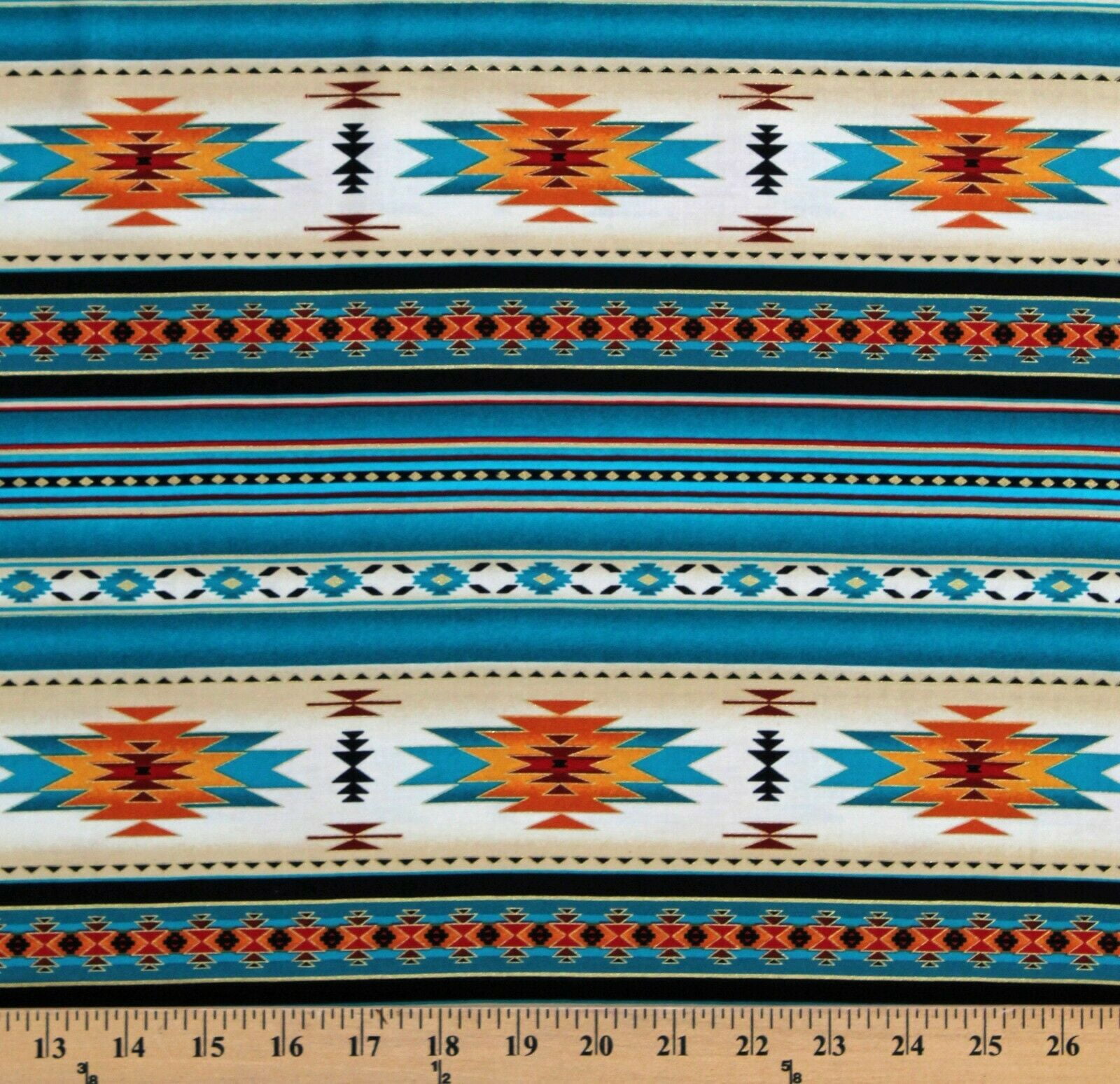 Cotton Southwest Tuscon Metallic Aztec Turquoise Cotton Fabric Print by ...