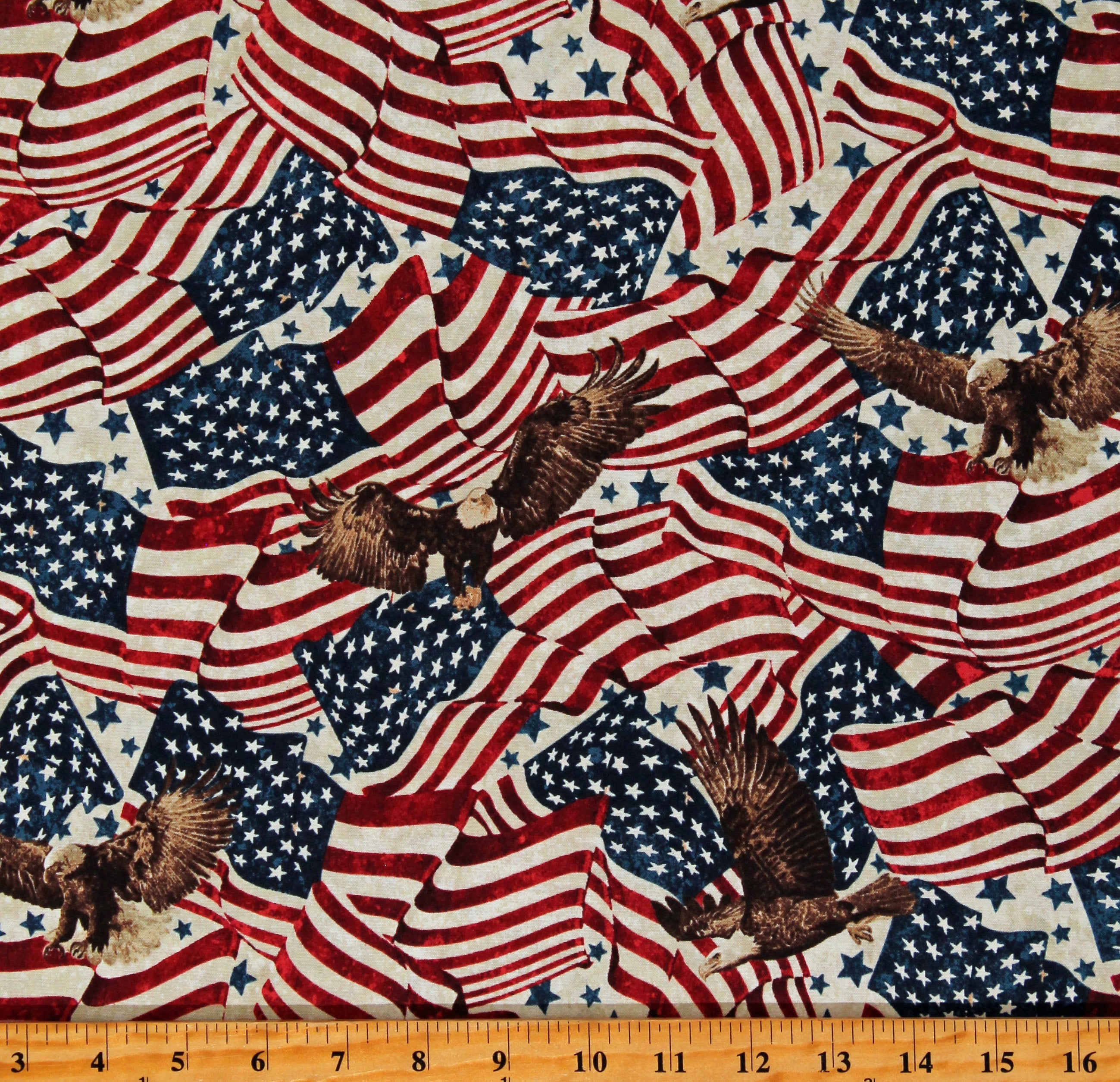 Cotton Stars and Stripes 12 Flags and Eagles Patriotic USA 4th of July ...