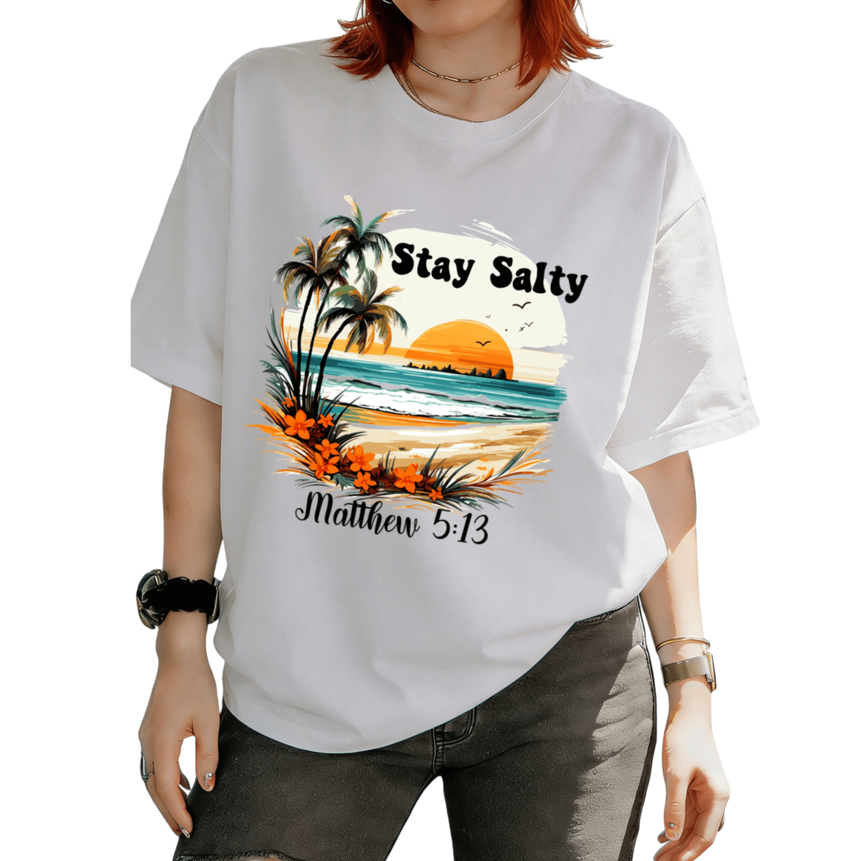 Cotton Stay Salty Matthew 5 13 Beach Sunset Palm Tree Graphic Tees T ...