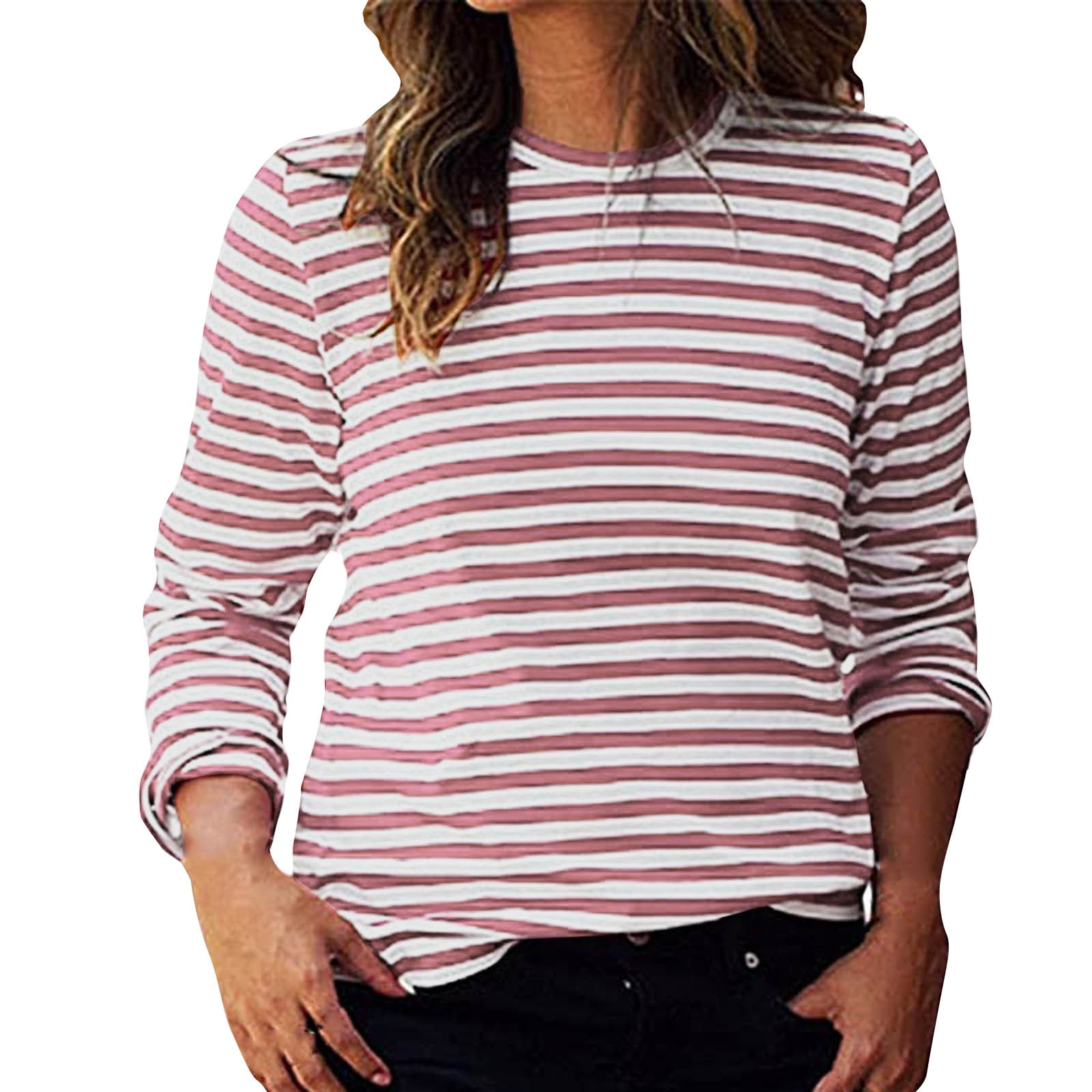 Cotton Striped T-Shirts Womens Long Sleeve Tops Crew Neck Base Tee ...