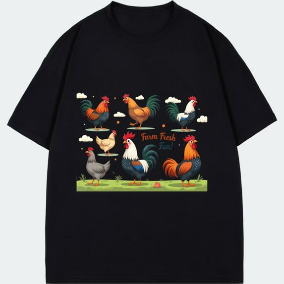 Cotton T Shirt Black Farm Fresh Fun Rooster And Chicken Print For ...