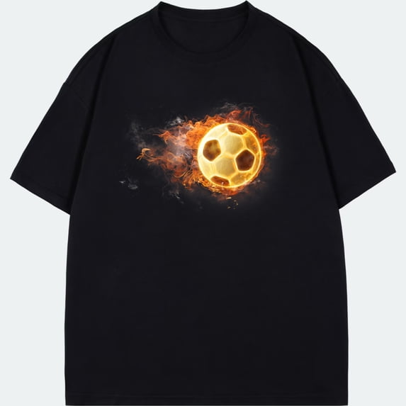 Cotton T Shirt Black Football In Flames Design For Sports And Casual ...