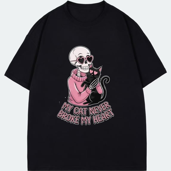 Cotton T Shirt Black Skeleton Holding Cat With Heart Eyes And Text My ...