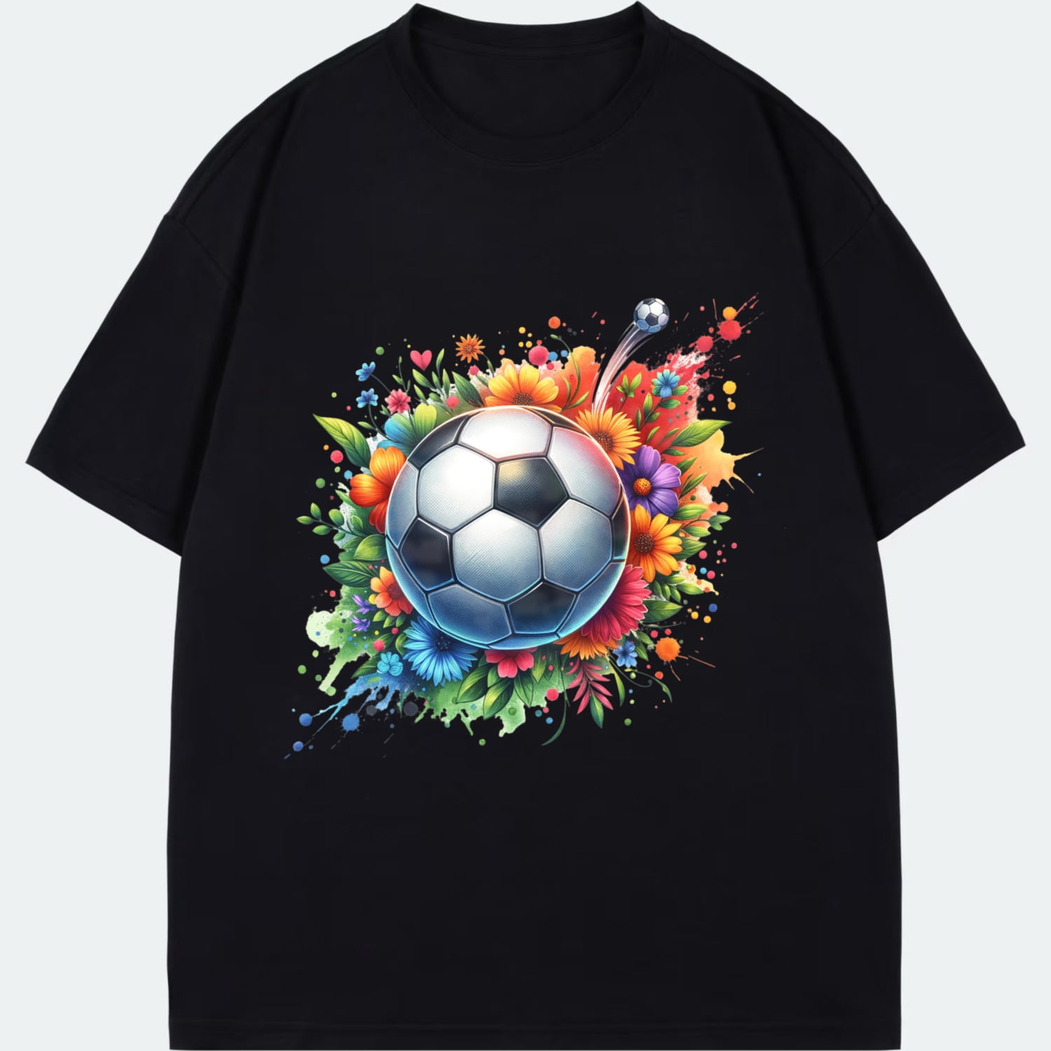 Cotton T Shirt Black Soccer Ball With Colorful Flowers And Leaves ...