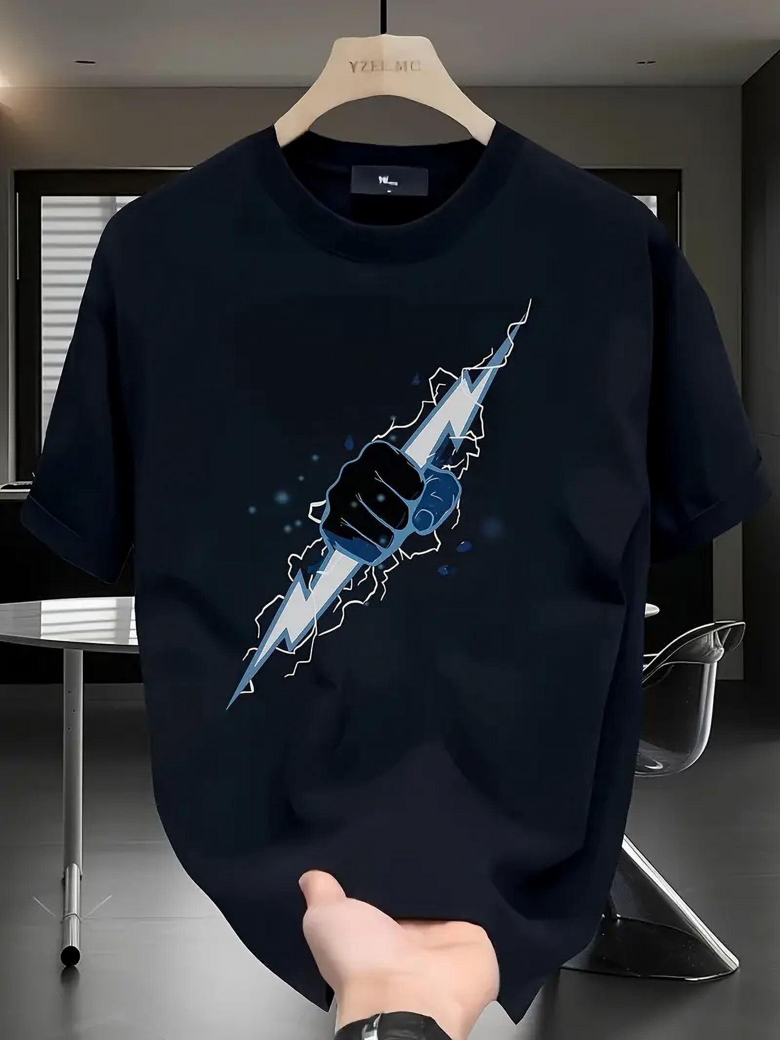Cotton T-Shirt - Bold Lightning Bolt Print, Casual Summer Short Sleeve ...