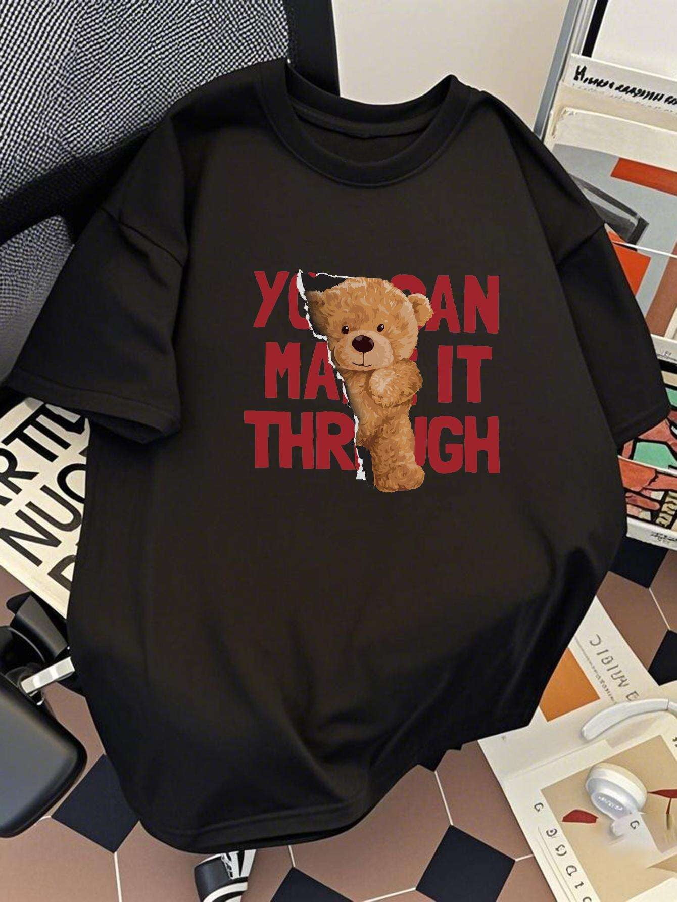 Cotton T-Shirt for Men - Cute Teddy Bear Graphic, Black Casual ...