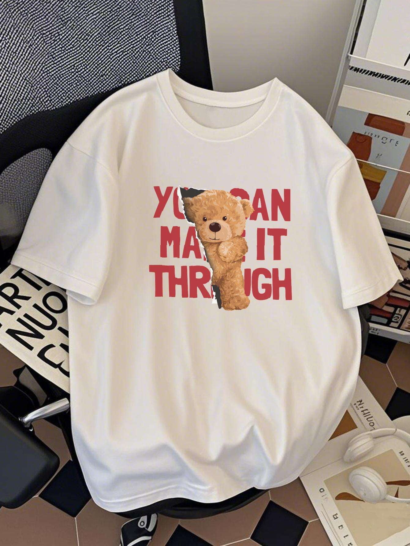 Cotton T-Shirt for Men - Cute Teddy Bear Graphic, Black Casual ...