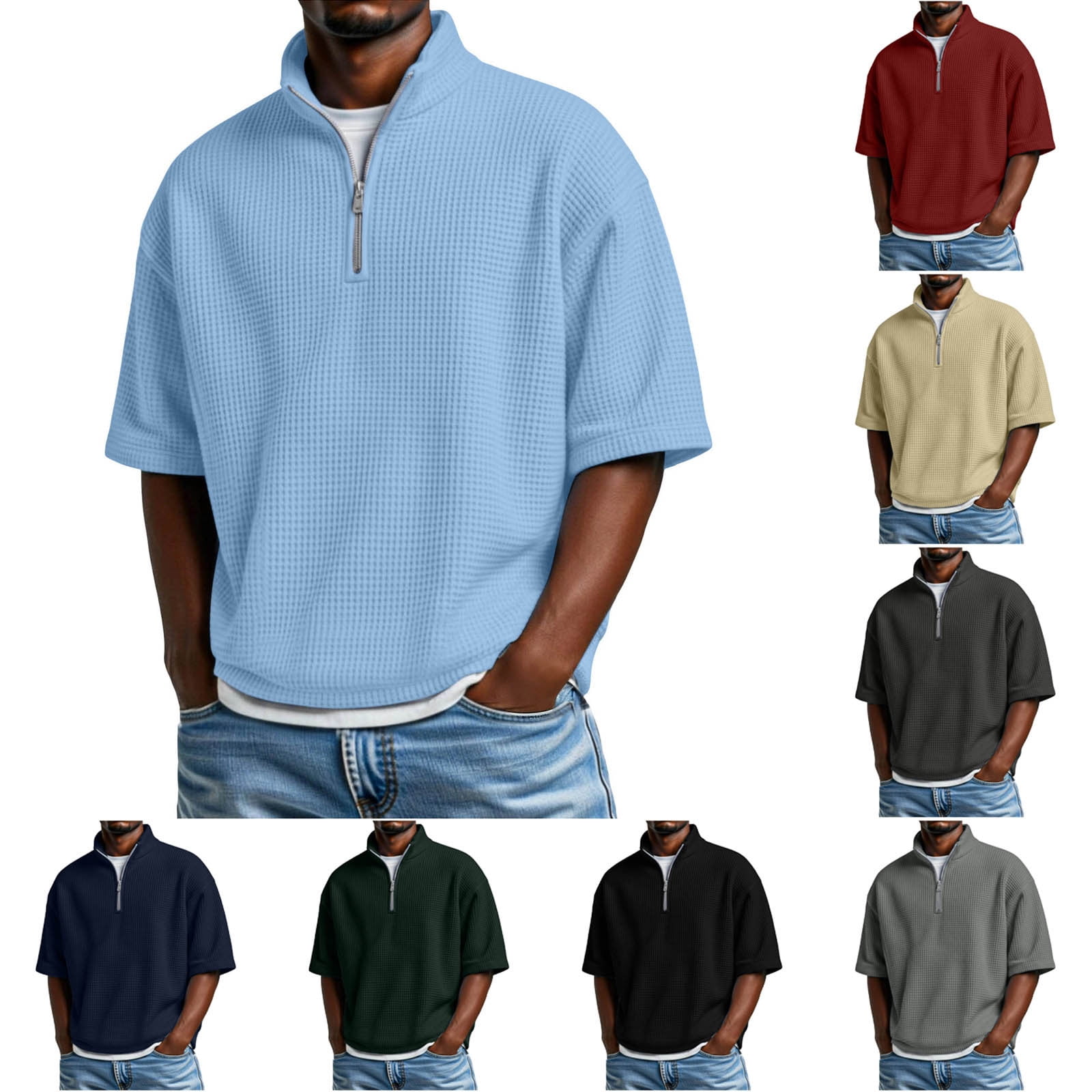 Cotton T-Shirts for Men Stand-Up Collar Zippered Casual Top Dark Gray ...