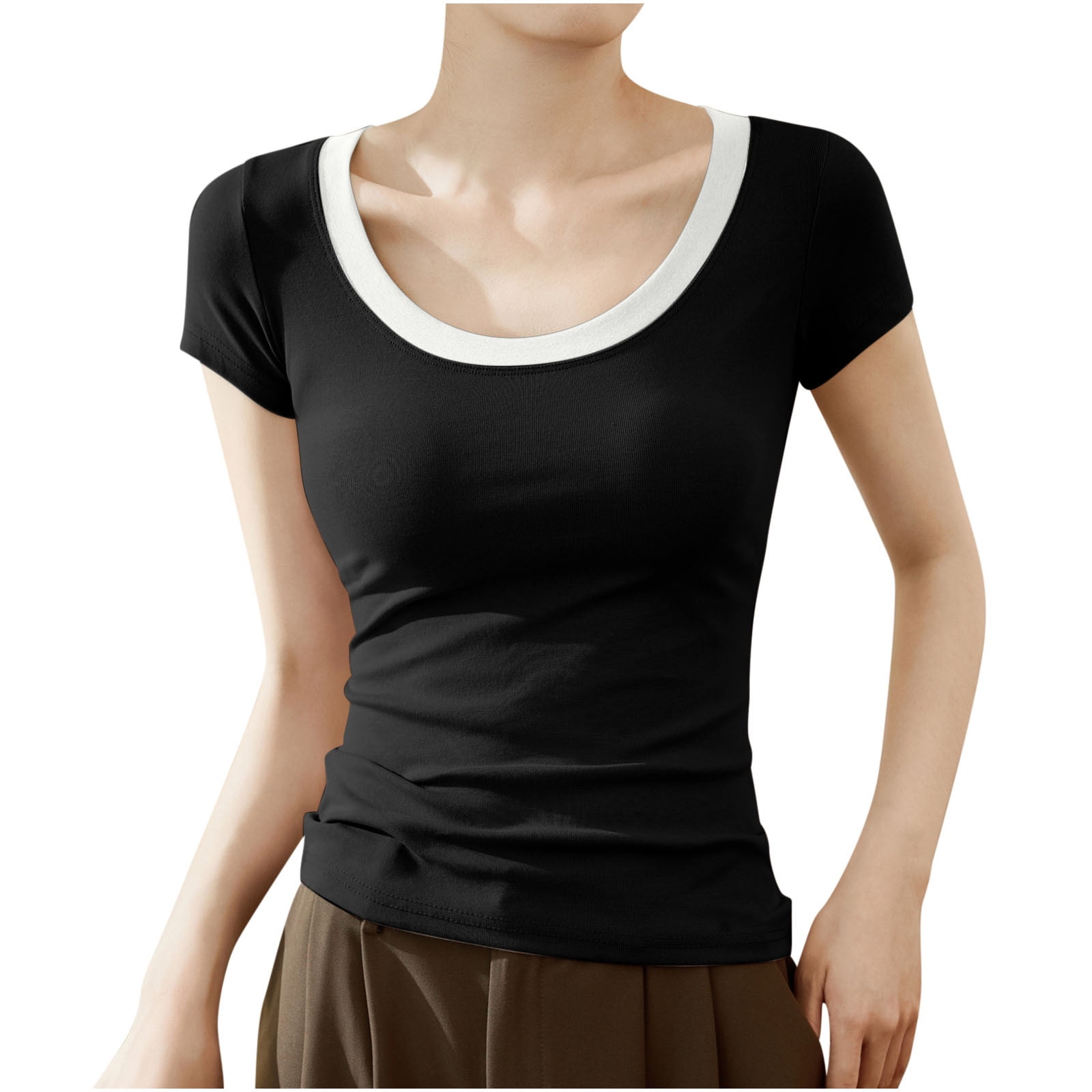 Cotton T-Shirts for Women Casual Fitted Summer Cropped Tops Basic ...