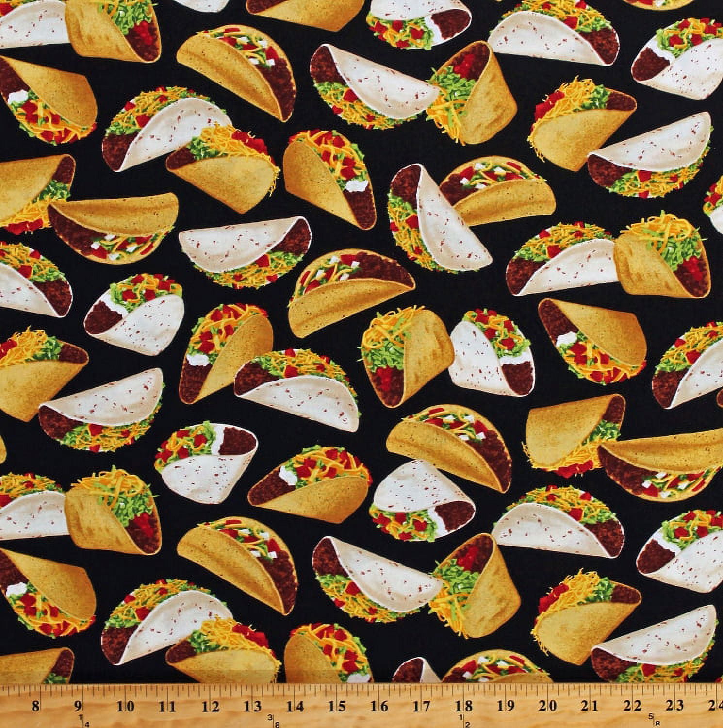 Cotton Tacos Mexican Food on Black Cotton Fabric Print by the Yard (GM ...