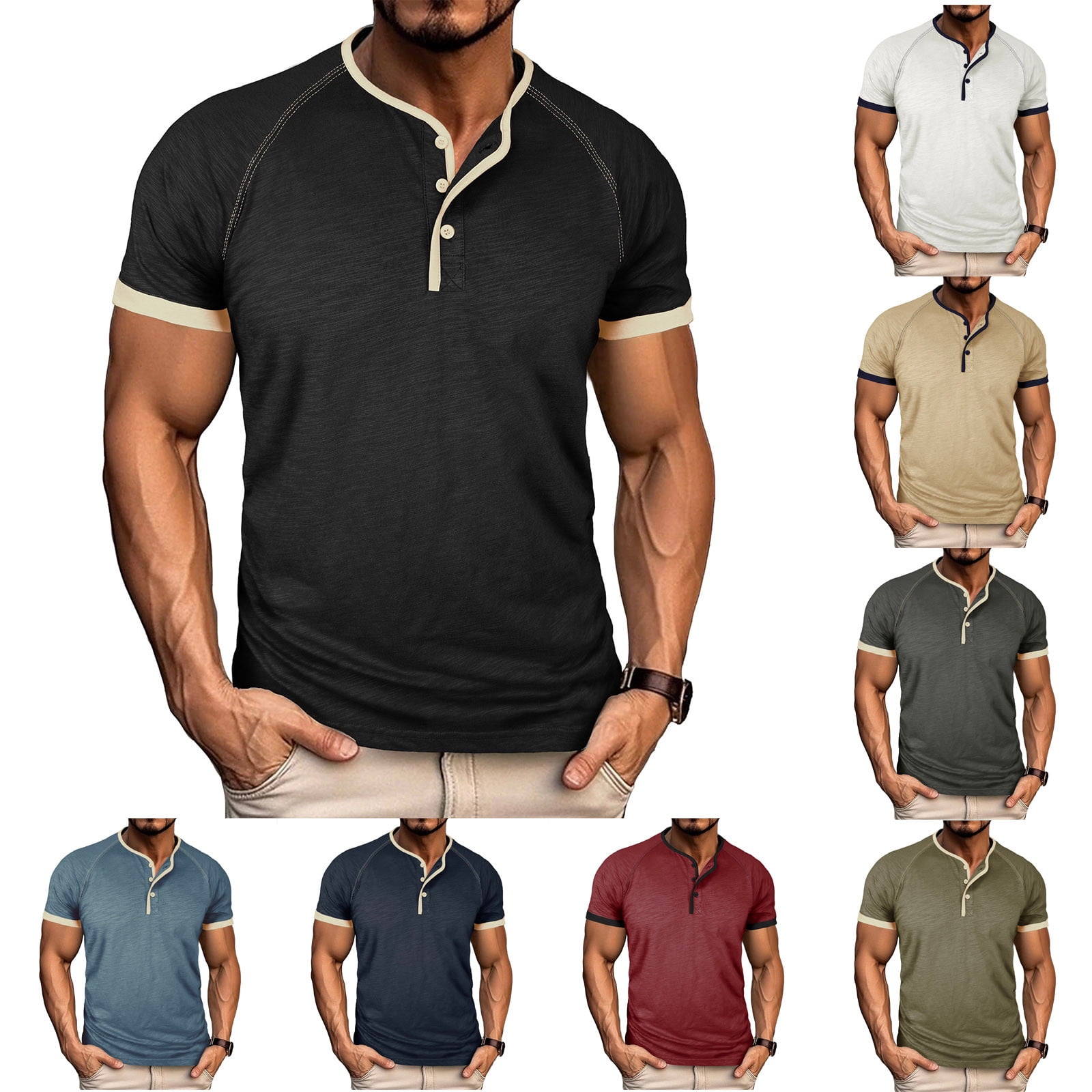 Cotton Tees Short Sleeve Crew Neck Fashion Button Solid Patchwork Shirt ...