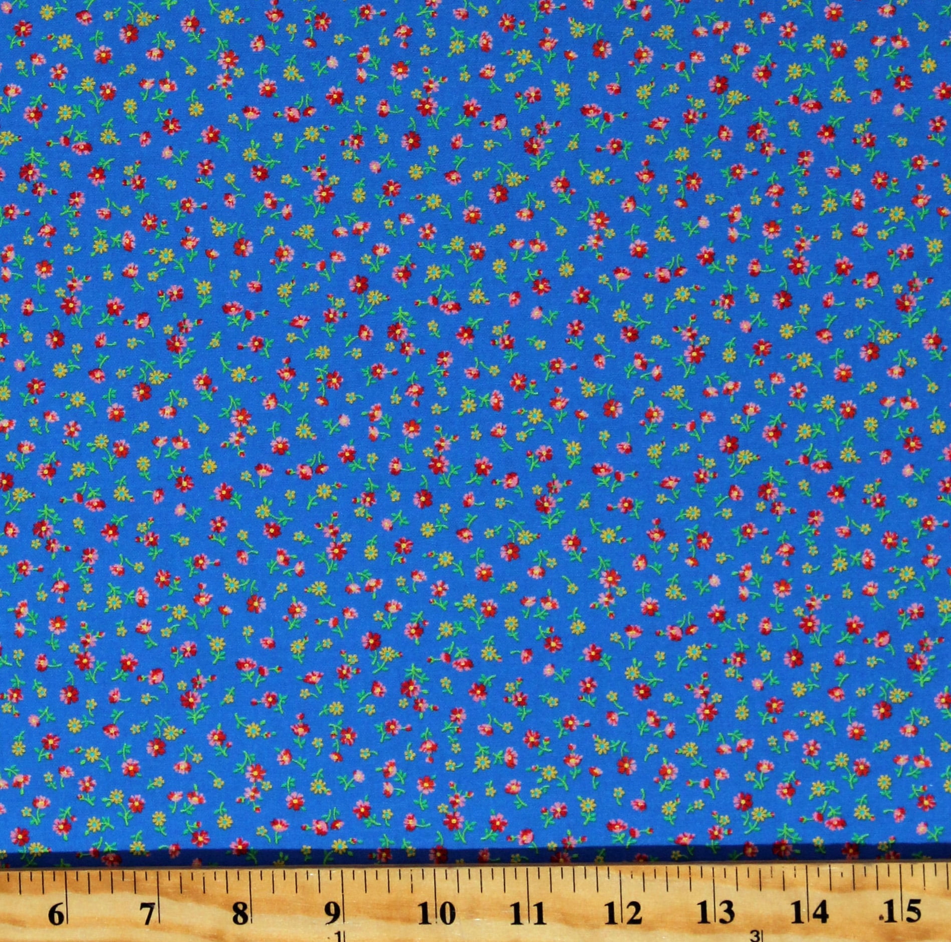 Cotton Tiny Flowers Tossed Red and Yellow Floral on Blue Small Scale ...