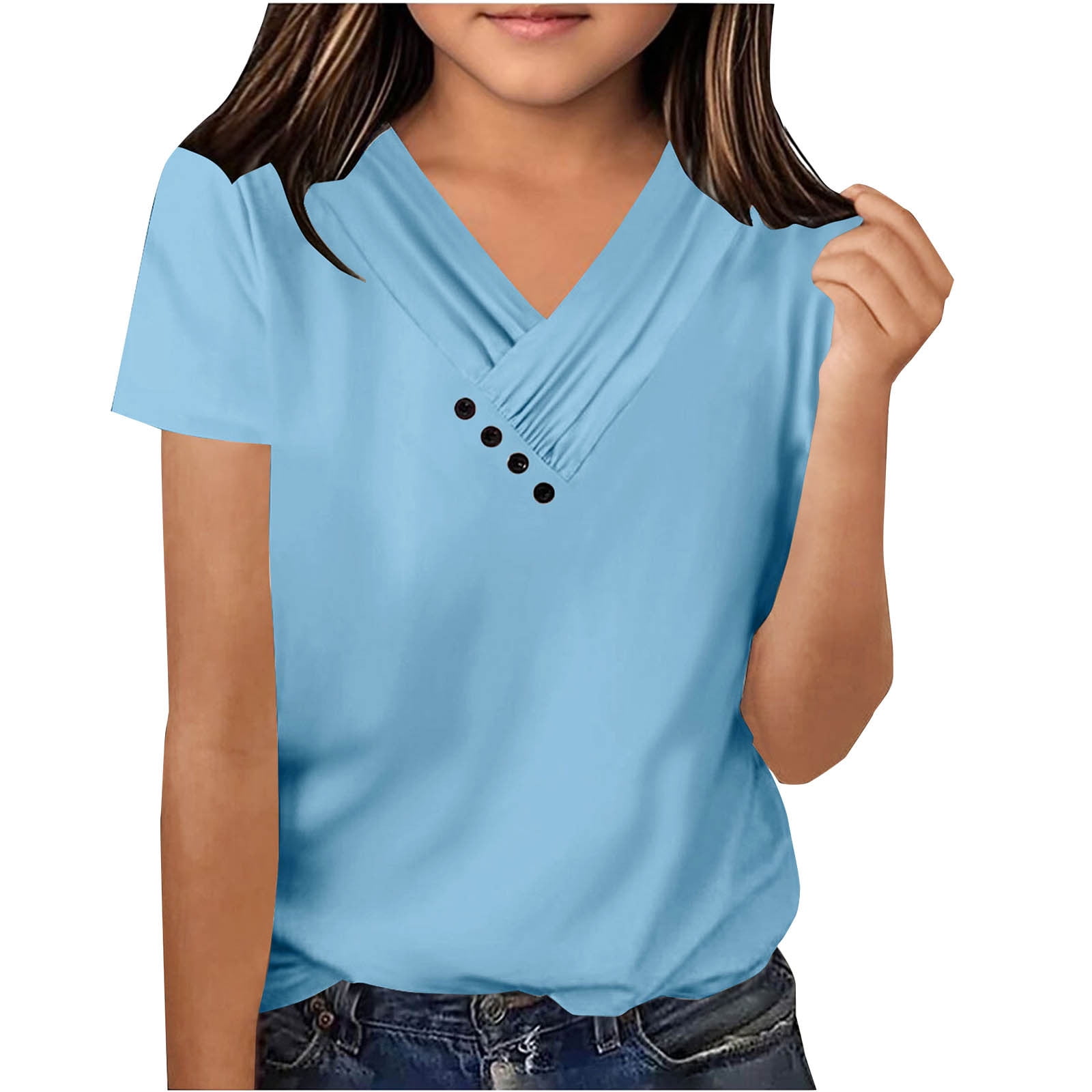 Cotton Tops for Girls Summer 2025 Short Sleeve Buttons V Neck Casual ...