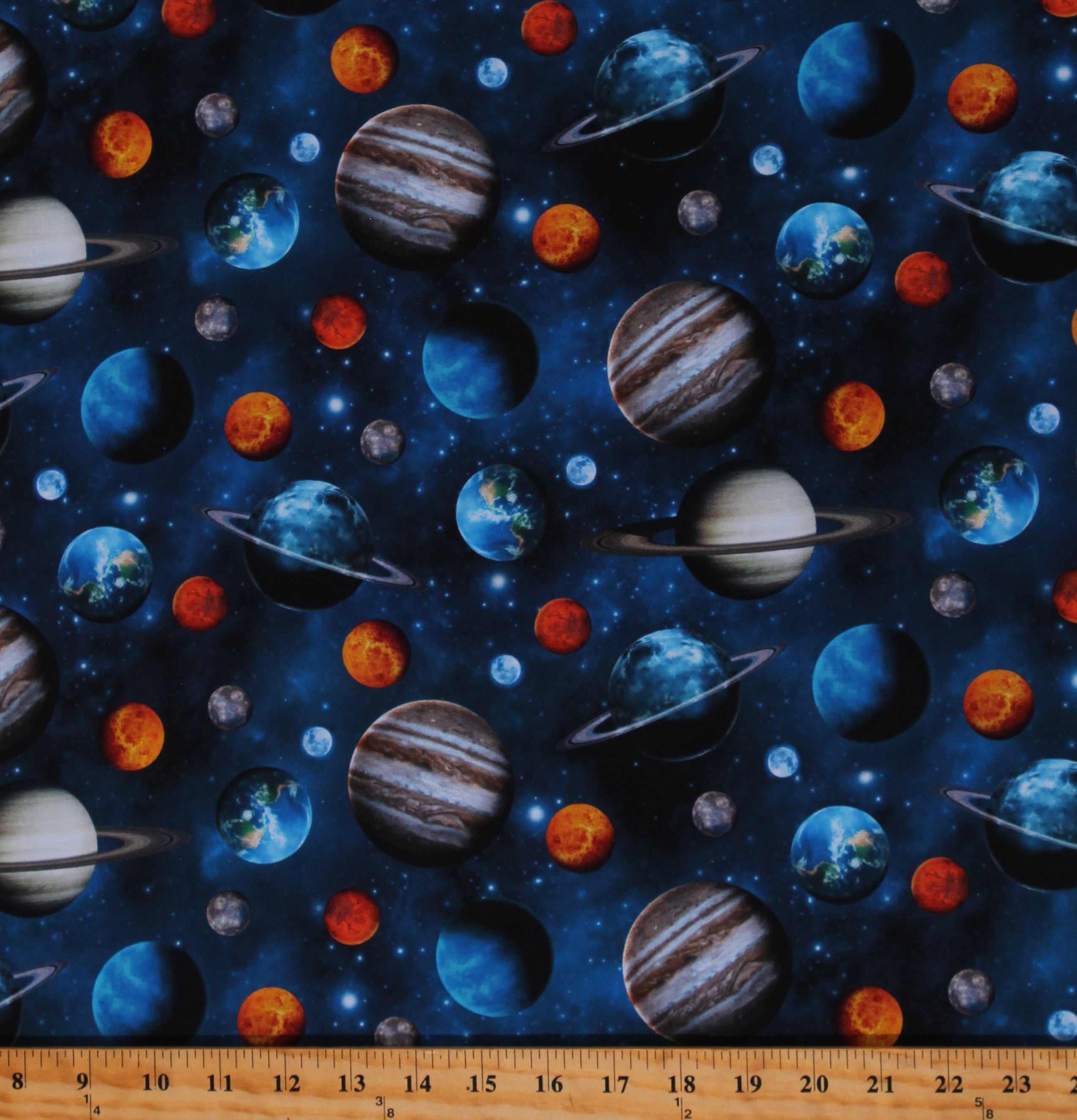 Cotton Tossed Planets Outer Space Stars Solar System Blue Cotton Fabric ...