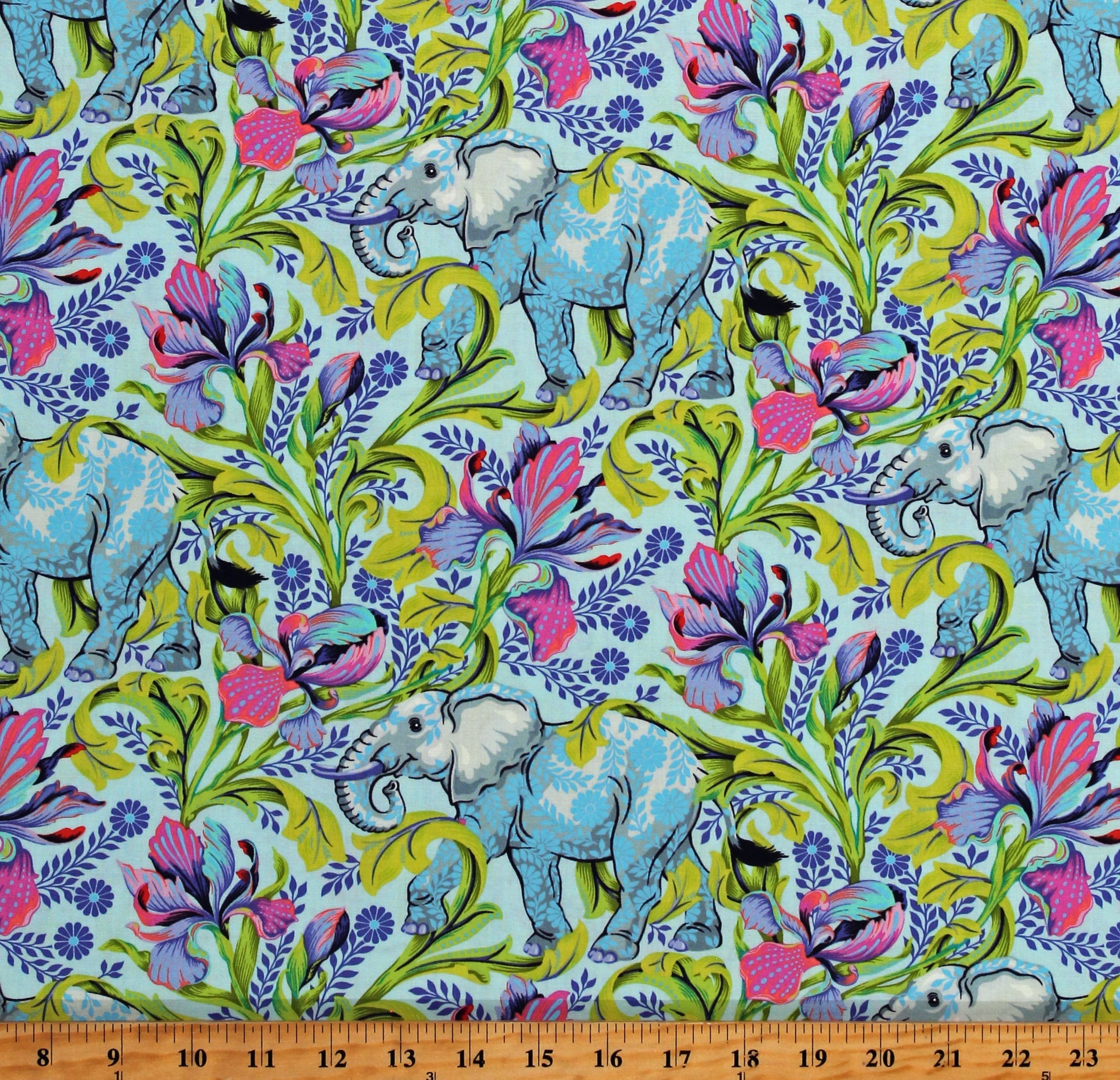 Cotton Tula Pink Everglow All Ears Elephants in Aura Blue Floral Cotton Fabric Print by the Yard ...