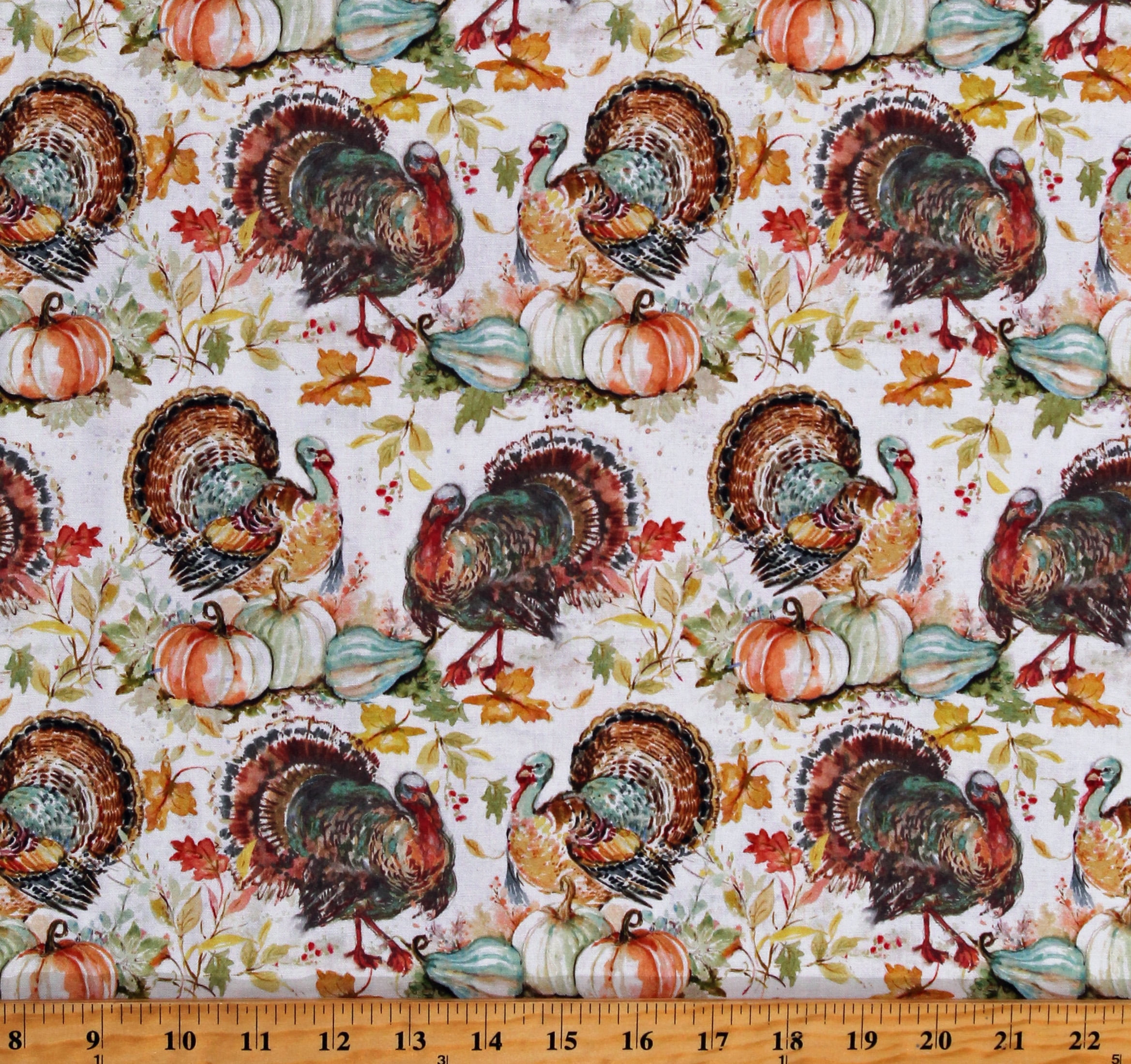 Cotton Turkeys and Pumpkins Thanksgiving Autumn Fall Leaves Cream ...
