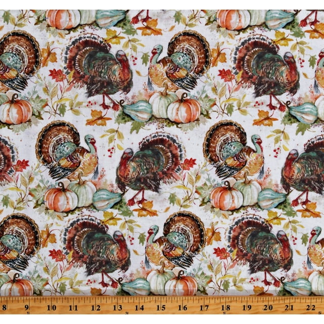Cotton Turkeys and Pumpkins Thanksgiving Autumn Fall Leaves Cream ...