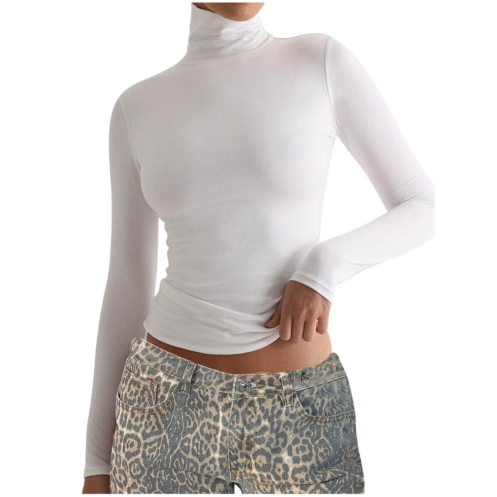 Cotton Turtlenecks Long Sleeve Tops Womens Slim Fit Soft Stretch High Neck Pullover Tee Shirts ...