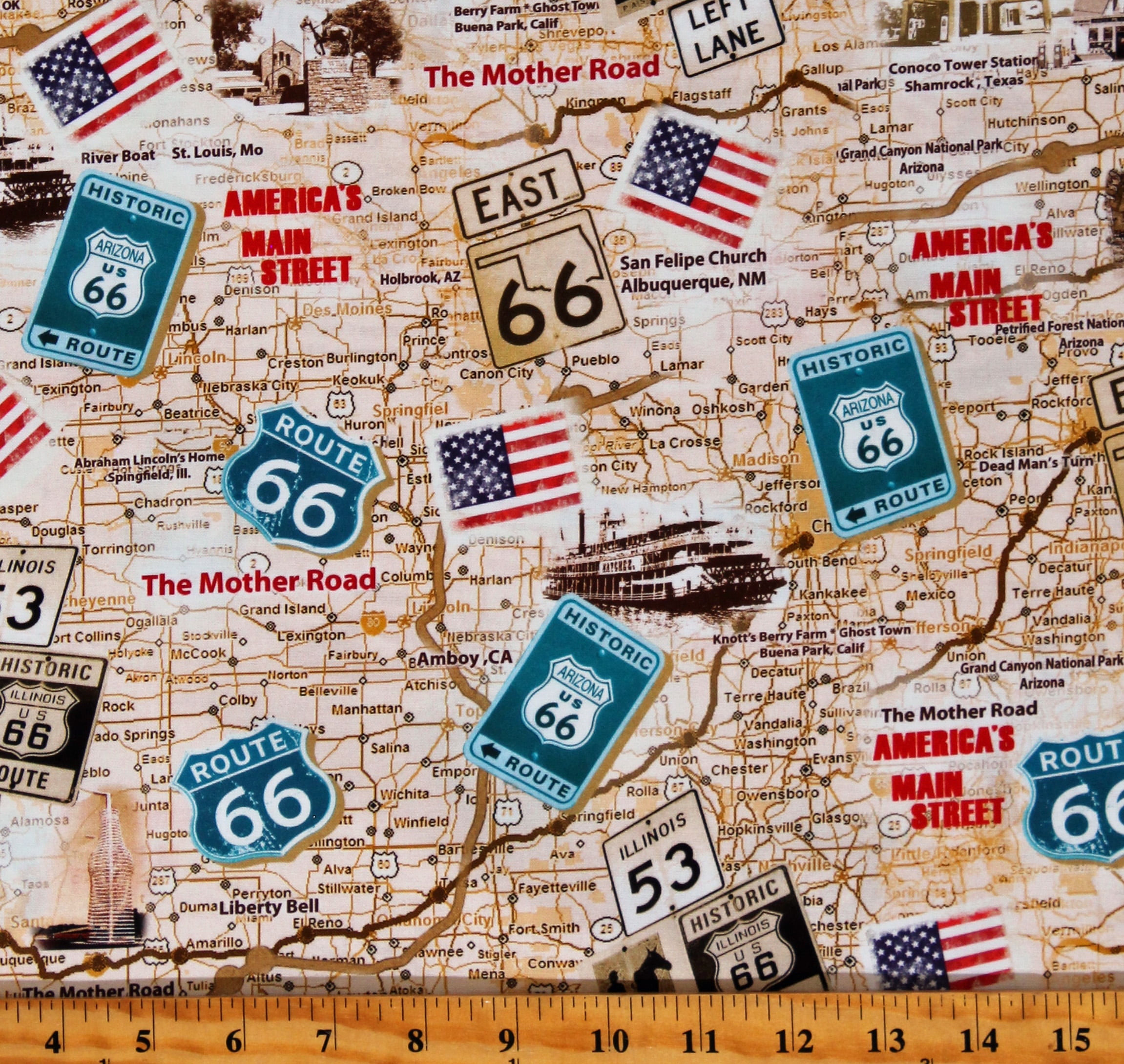 Cotton Vintage Route 66 Antique Map Road Trip Travel Cotton Fabric ...
