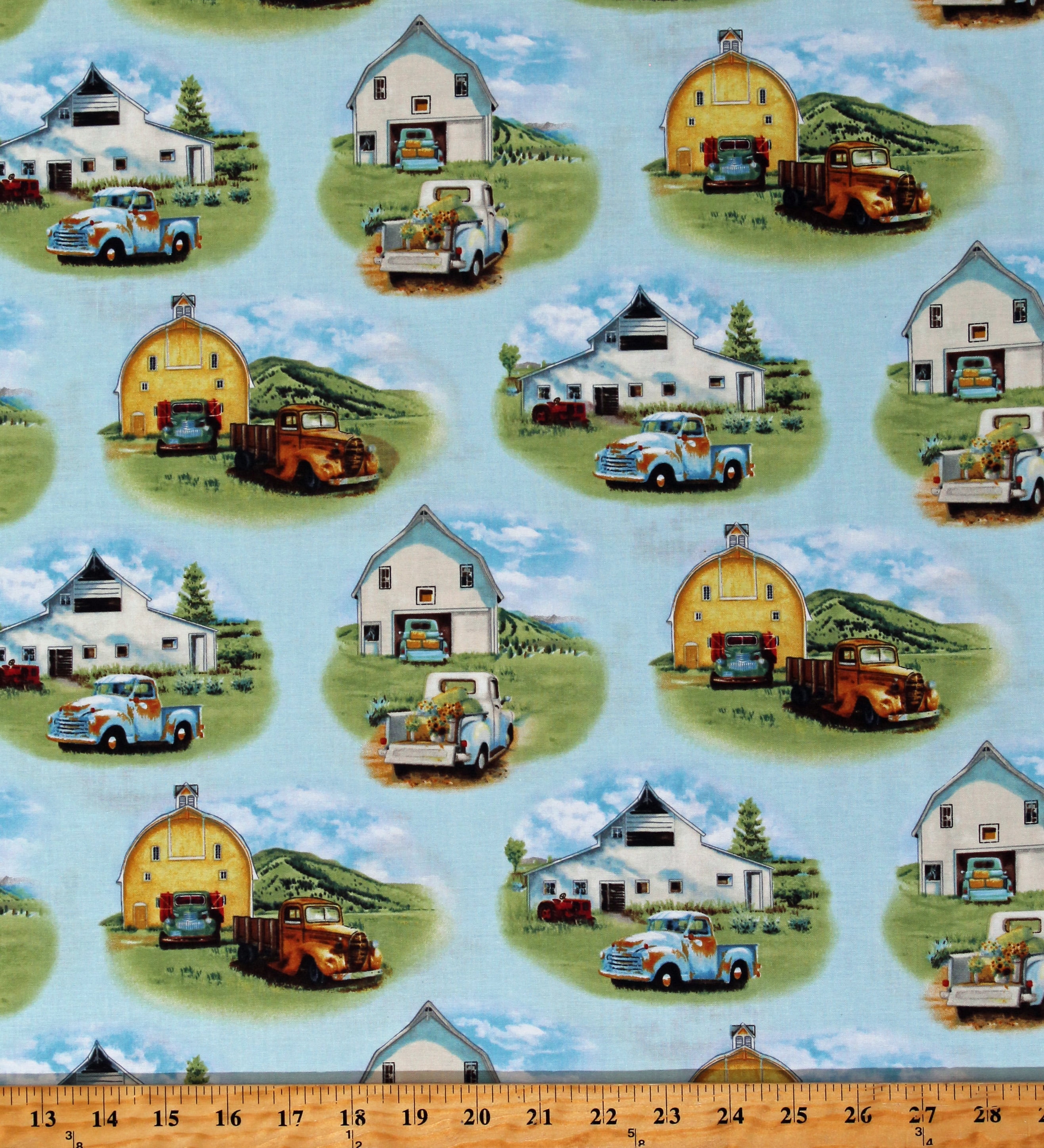 Cotton Vintage Trucks Farmhouses Homes Barns Farm Country Scenes Blue ...