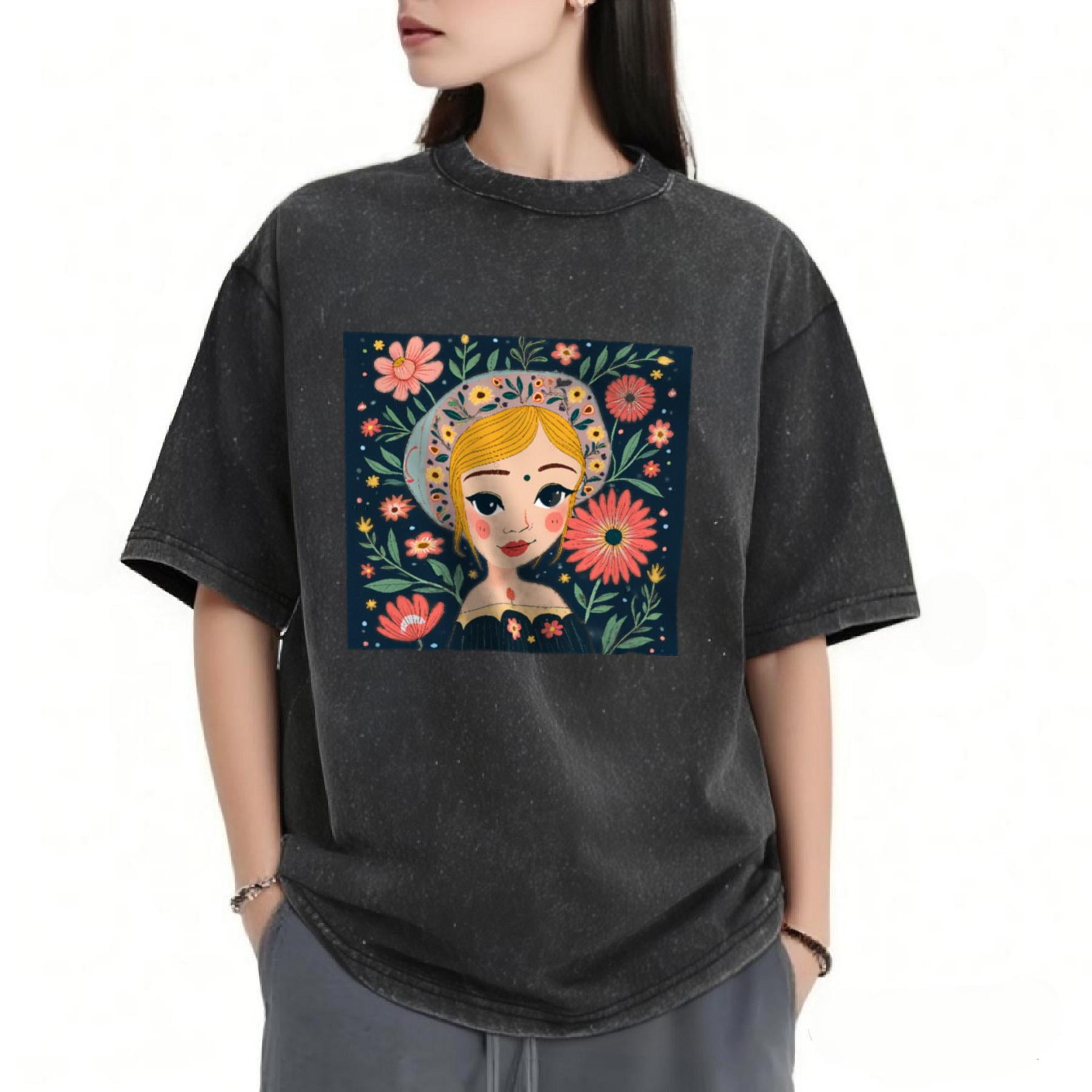 Cotton Vintage Washed Short Sleeve T-Shirt for Women - Floral Pattern ...
