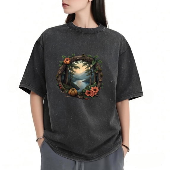Cotton Vintage Washed Short Sleeve T-Shirt for Women - Serene Landscape ...