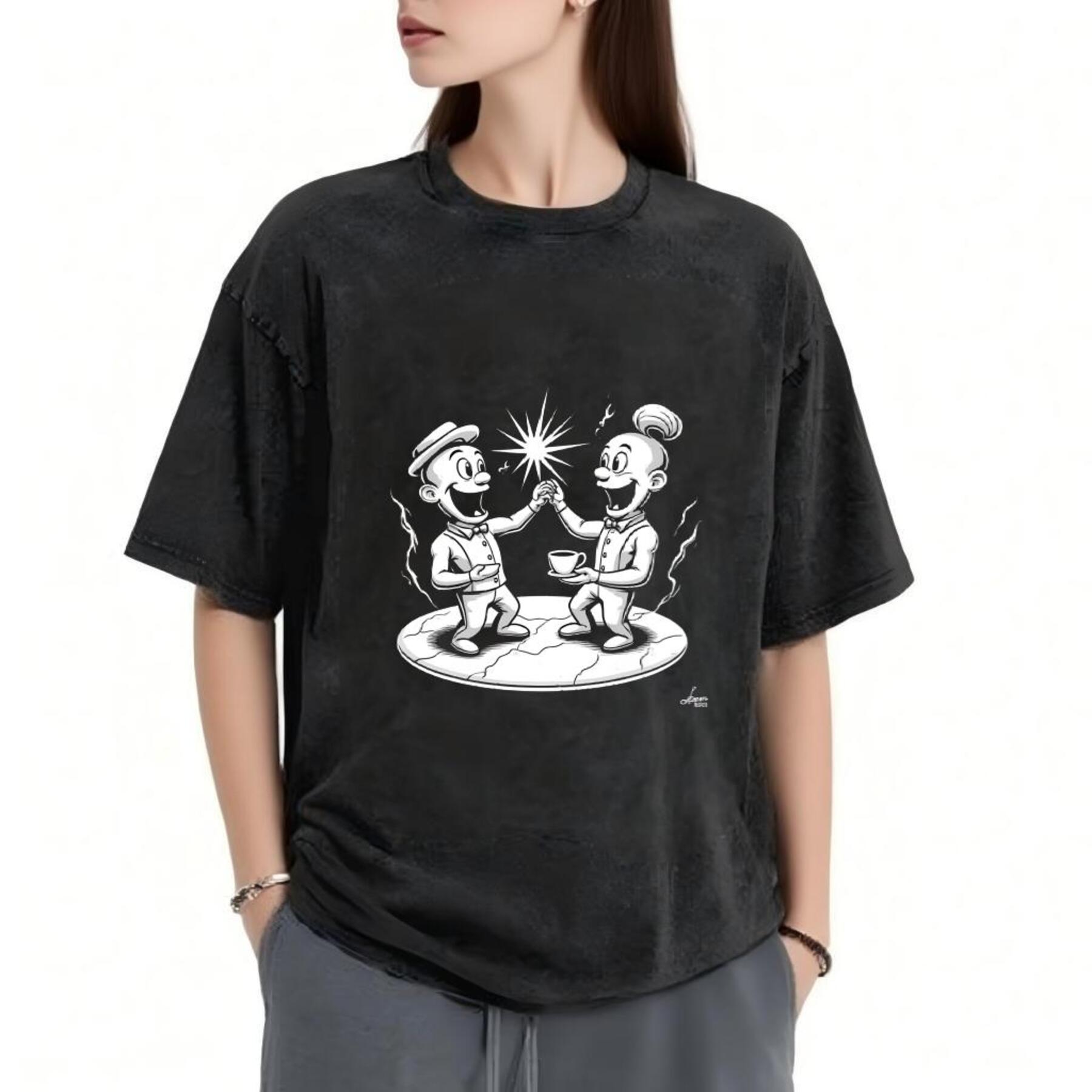 Cotton Vintage Washed T-Shirt for Women - Cartoon Characters Hat ...
