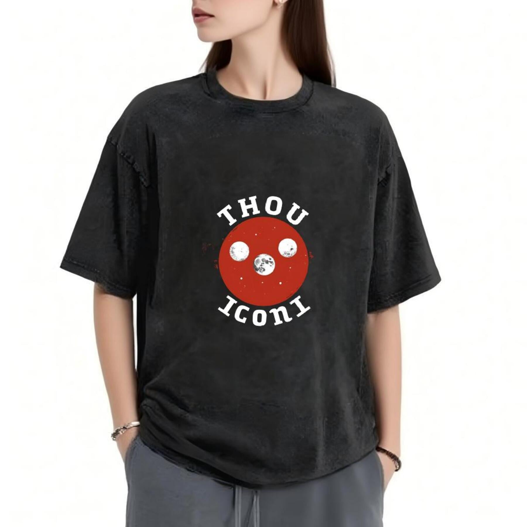 Cotton Vintage Washed T-Shirt for Women - Distressed Black Tee with Red ...