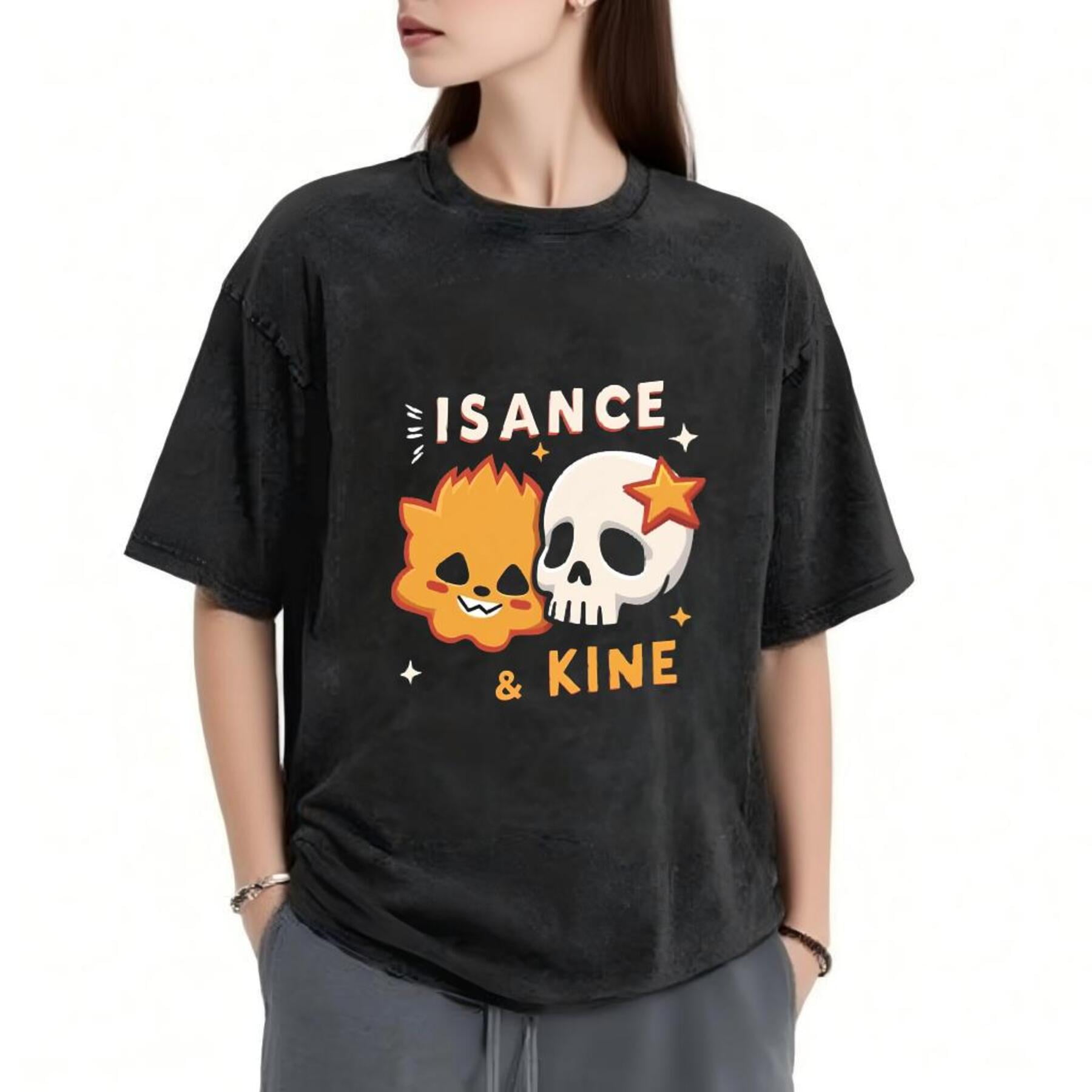 Cotton Vintage Washed T-Shirt for Women - Playful Cartoon Flame ...