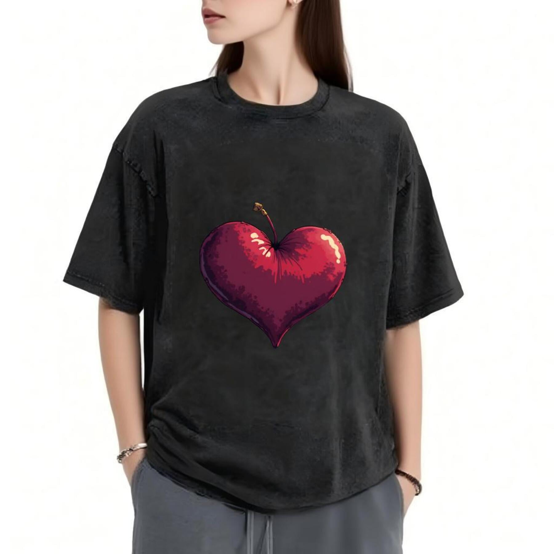 Cotton Vintage Washed T-Shirt for Women - Unique Distorted Red Heart ...