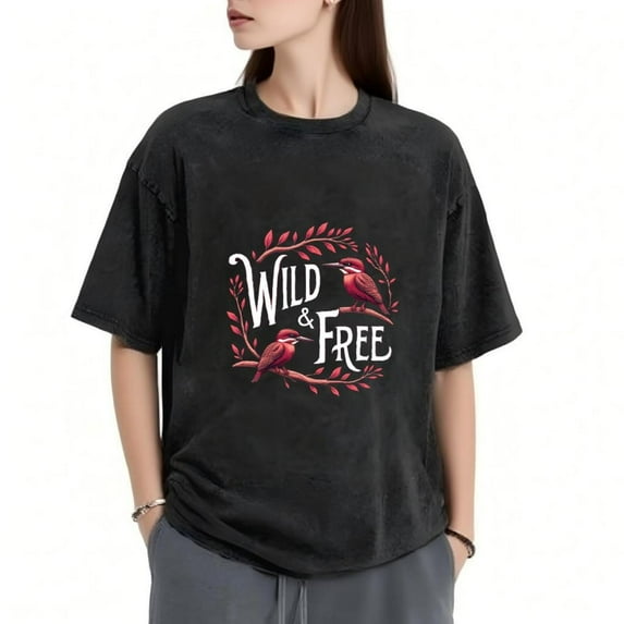 Cotton Vintage Washed T-Shirt for Women - Wild & Free Design with Red ...