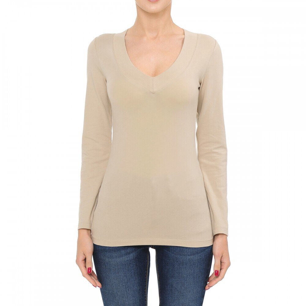 Cotton Wide Deep V-Neck Long Sleeve Casual Tee Shirt S-3X - Walmart.com