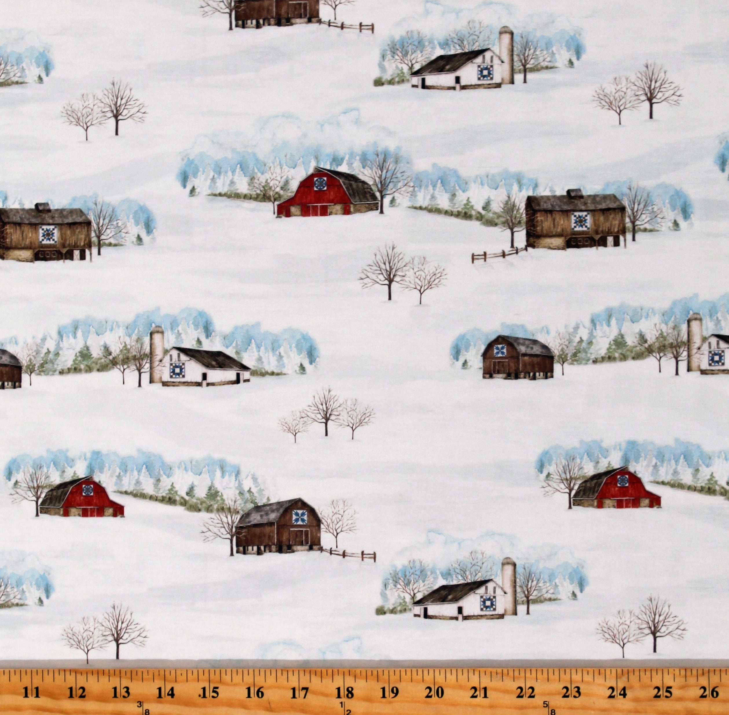 Cotton Winter Barn Quilts Barns Snowy Country Landscape Scenic White ...