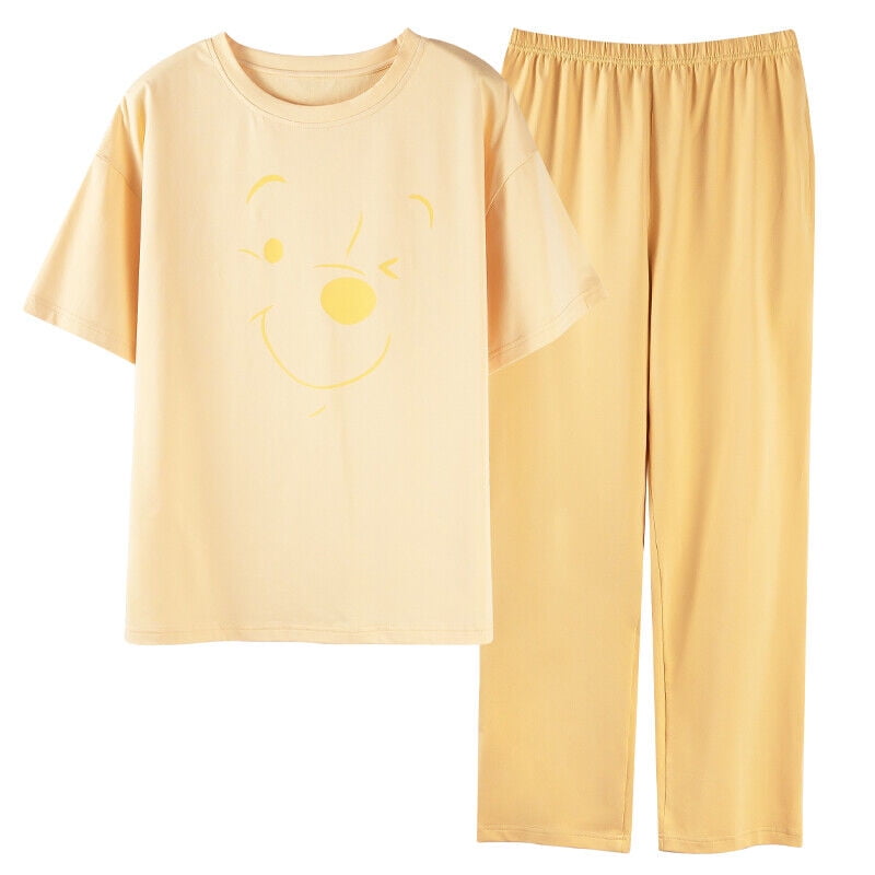 Cotton Women Pajama Set 2 Pcs Short Sleeve Pullover Top Sleepwear Long ...