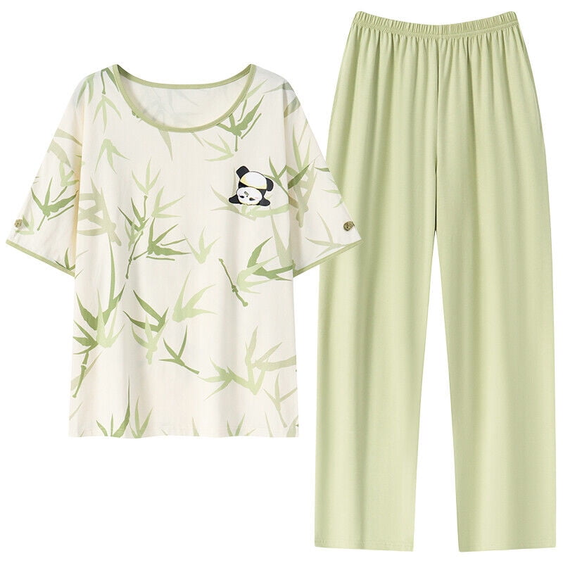 Cotton Women Pajama Set 2 Pcs Short Sleeve Pullover Top Sleepwear Long ...