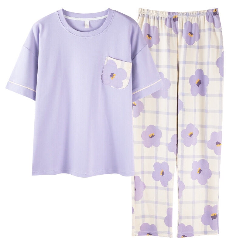 Cotton Women Pajama Set 2 Pcs Short Sleeve Pullover Top Sleepwear Long ...
