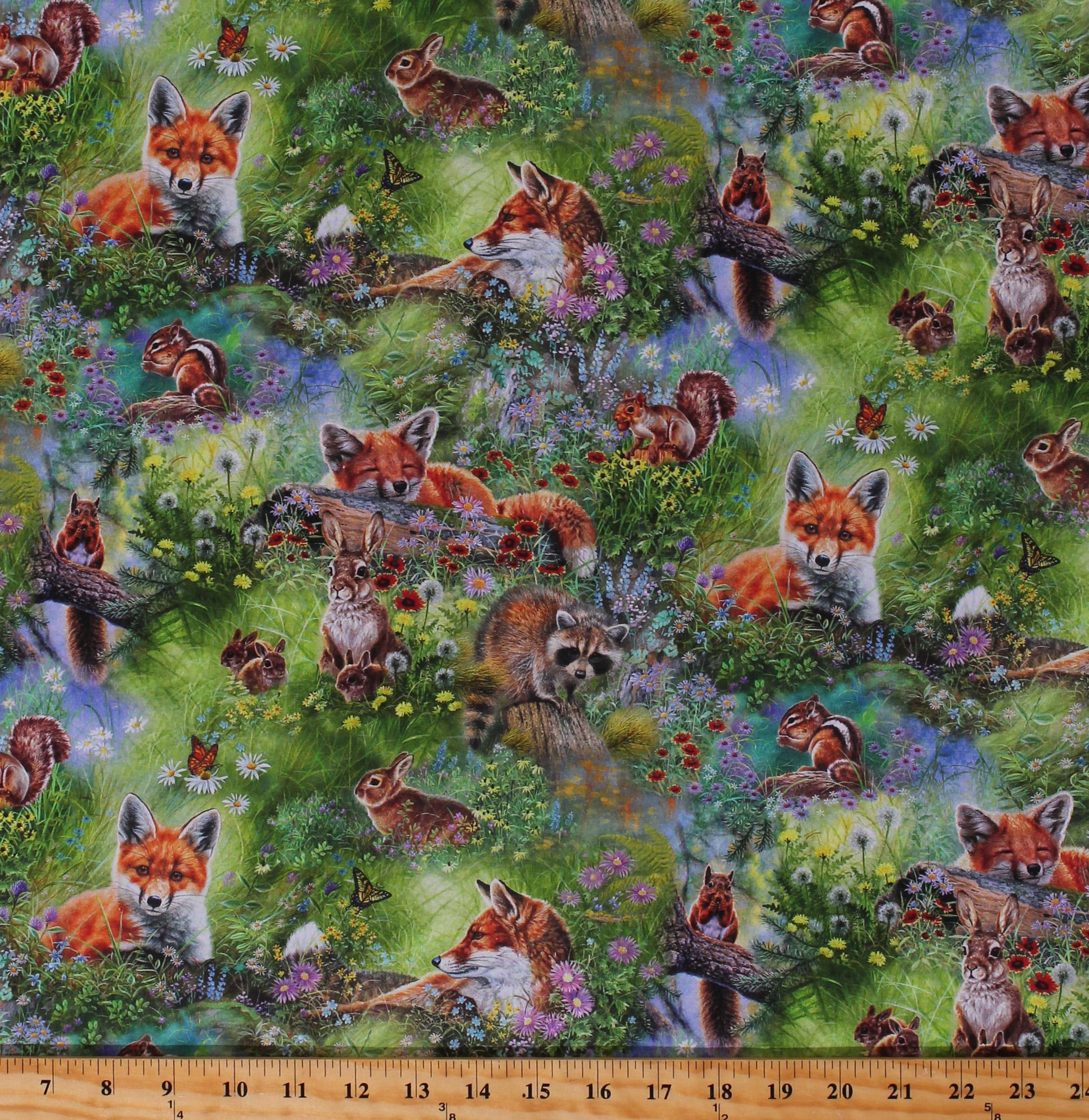 Cotton Woodland Animals Foxes Rabbits Squirrels Chipmunks Meadow ...