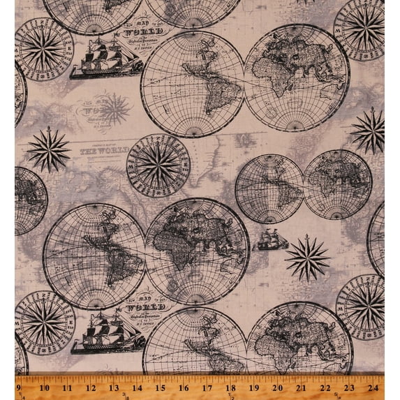 Cotton World Maps Compasses Land Oceans Seas States Provinces Travel ...