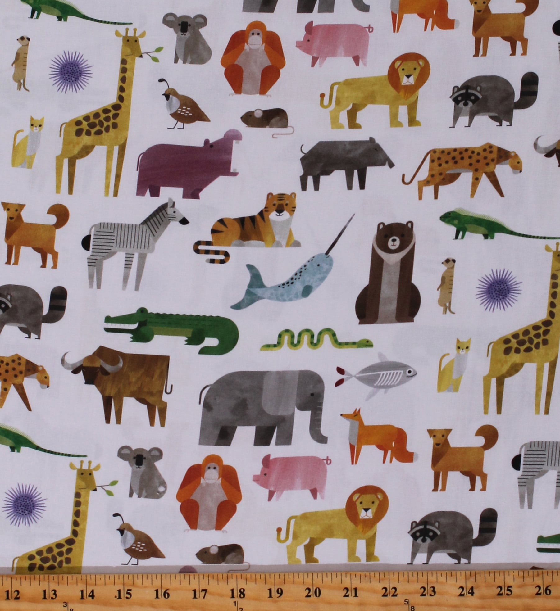 Cotton Zoo Animals Elephant Giraffe Lion Pig A to Z Animals White ...