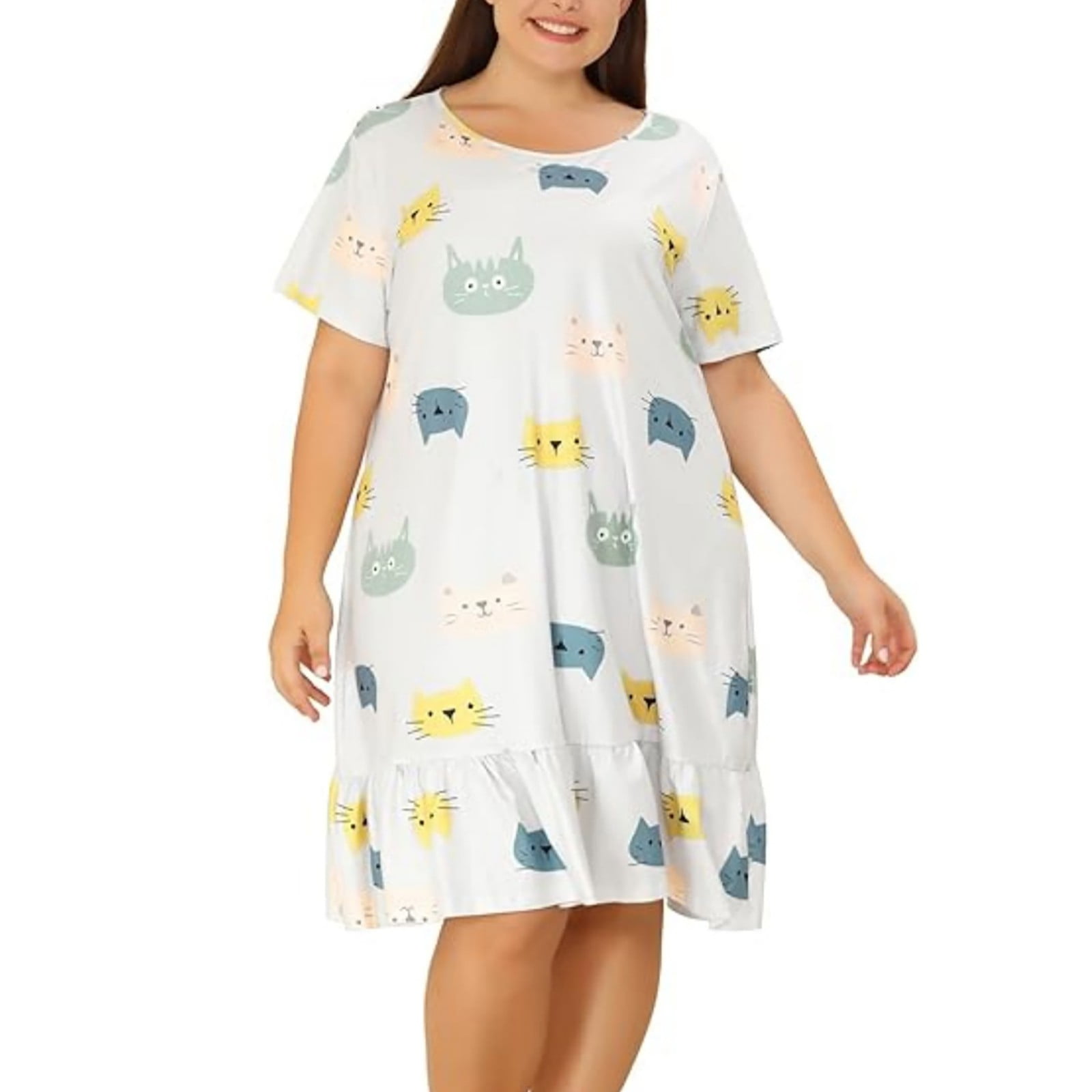 Cotton Nightgown Women'S Plus Size Nightdress Short Sleeve Comfy Cat ...