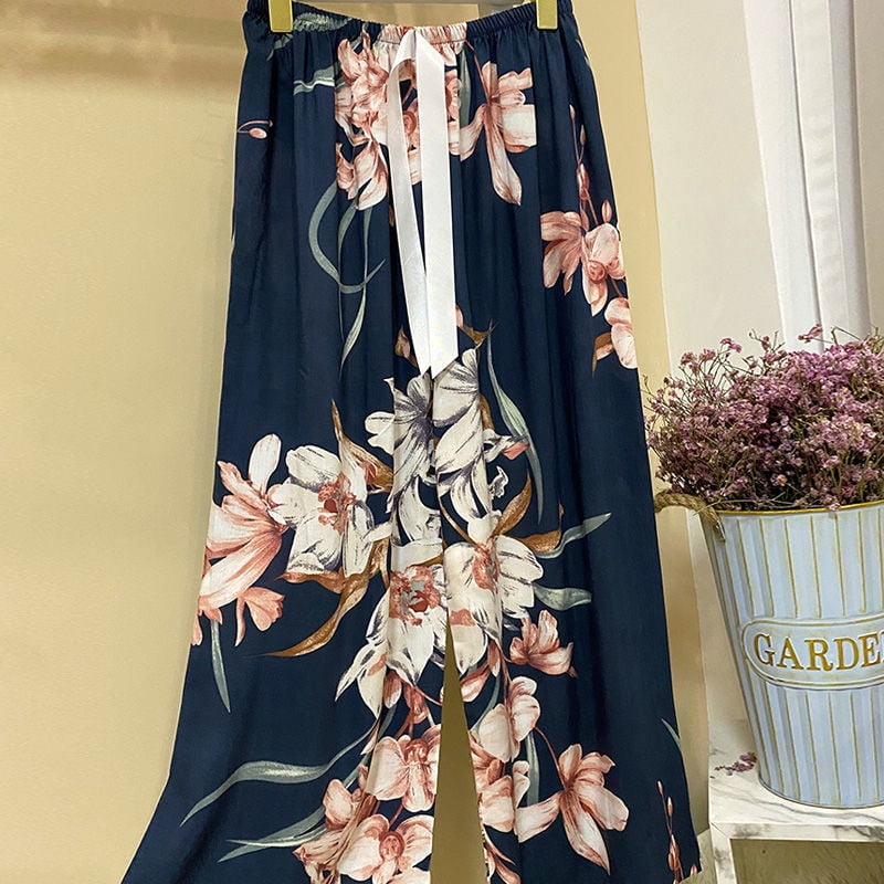 Cotton silk pajama pants women's summer thin cartoon print casual wide ...